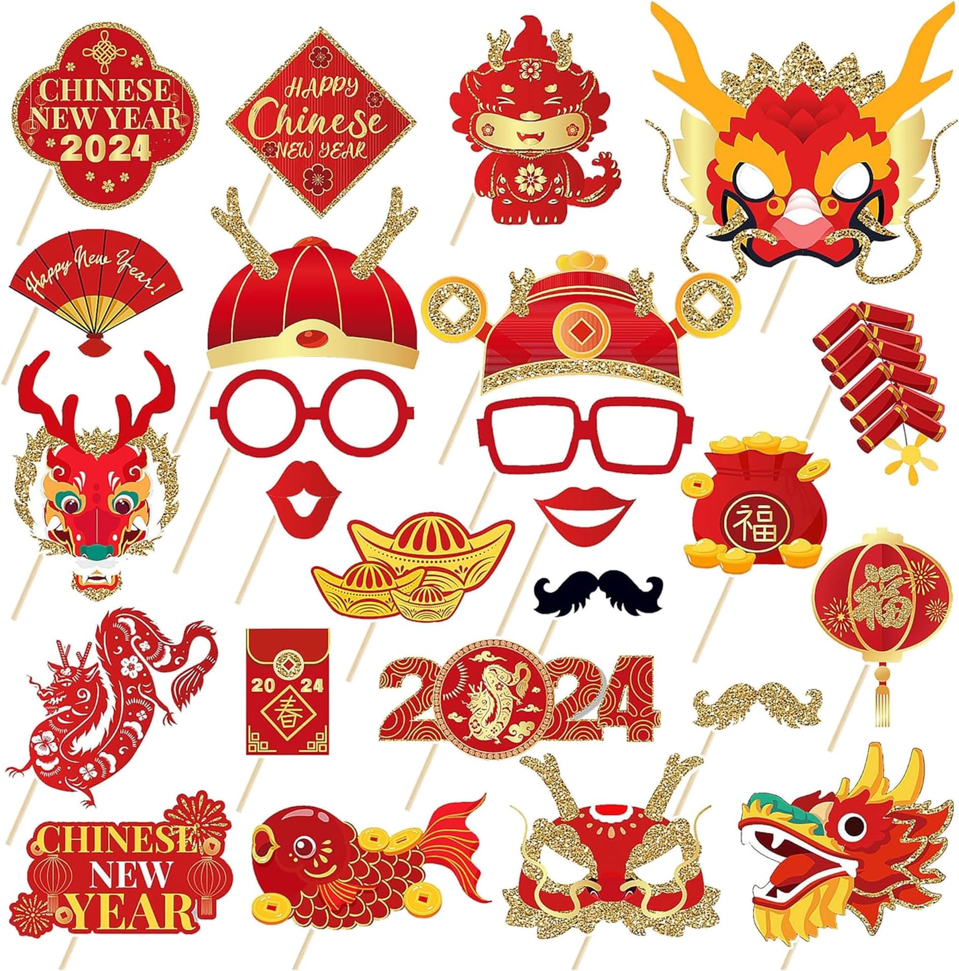 Amazon.com: 25Pcs Chinese New Year Photo Booth Props Kit,2024 Dragon ...