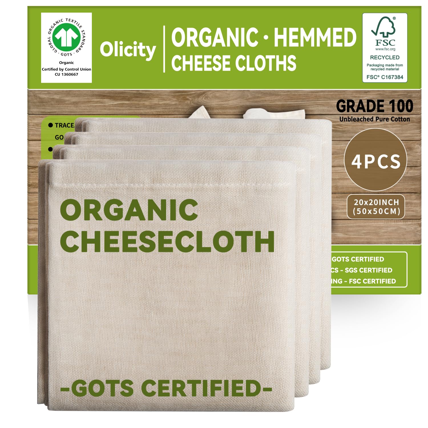 Organic Cheese Cloths, GOTS Certified, 4PCS, Grade 100, 20x20Inch ...