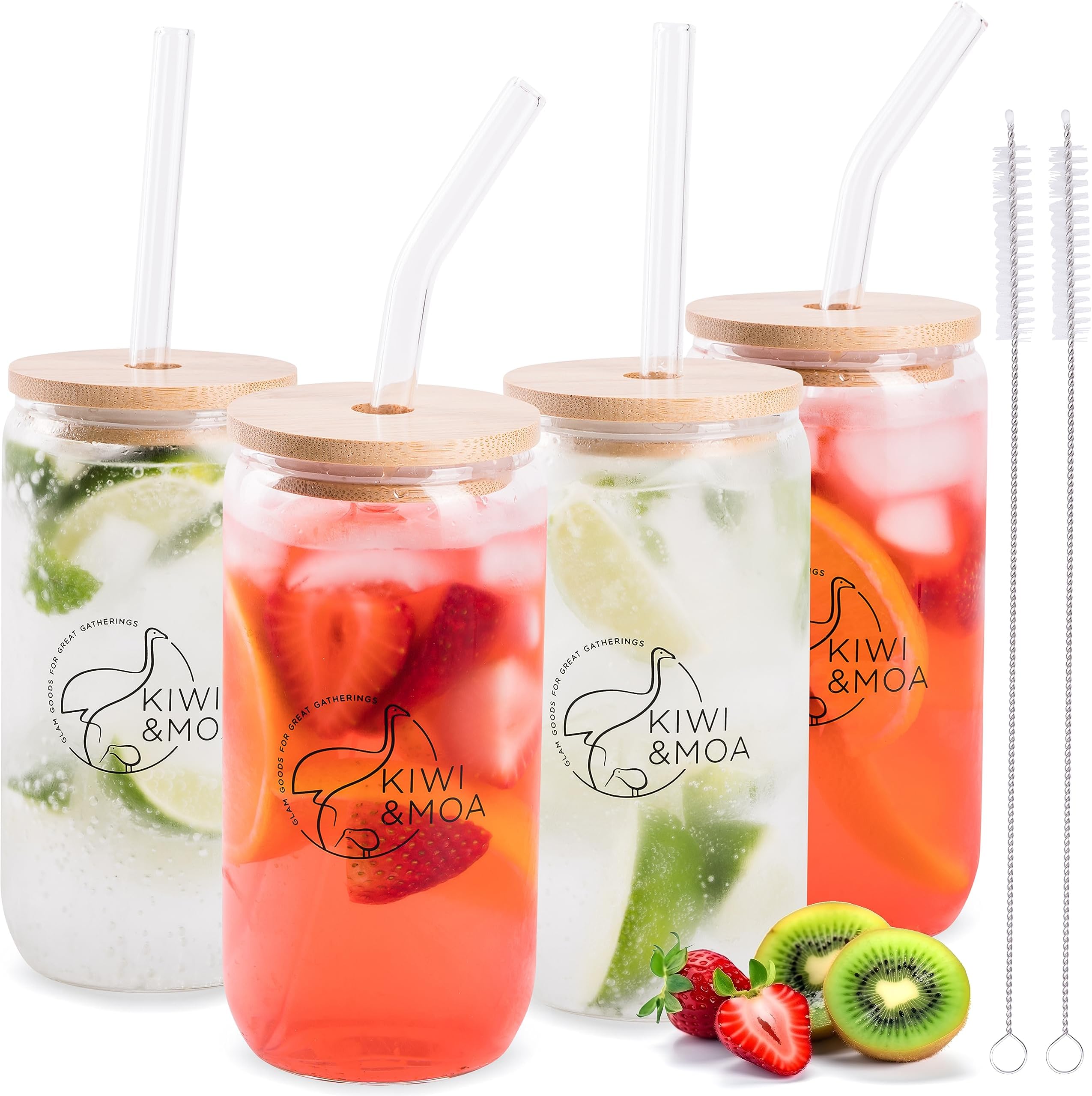 Amazon.com | Drinking Glasses 18oz, with Bamboo Lids and Glass Straws ...