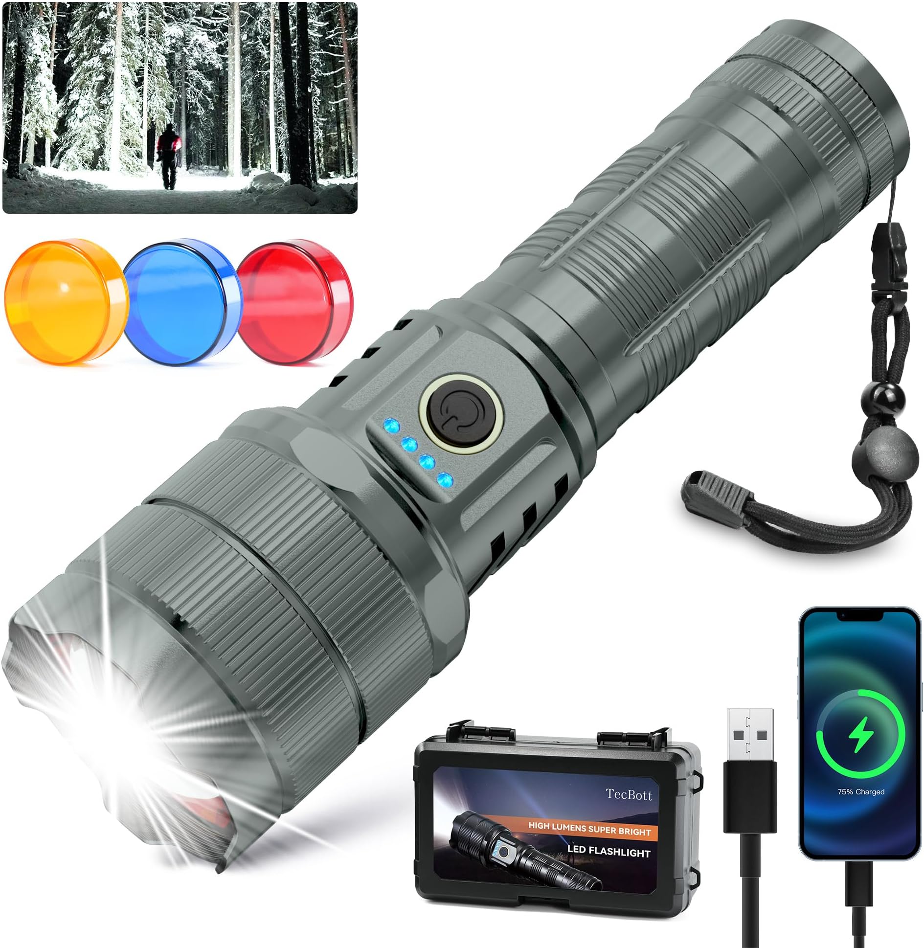 TEQDOT 1000000 High Lumens Flashlights LED Rechargeable Tactical ...