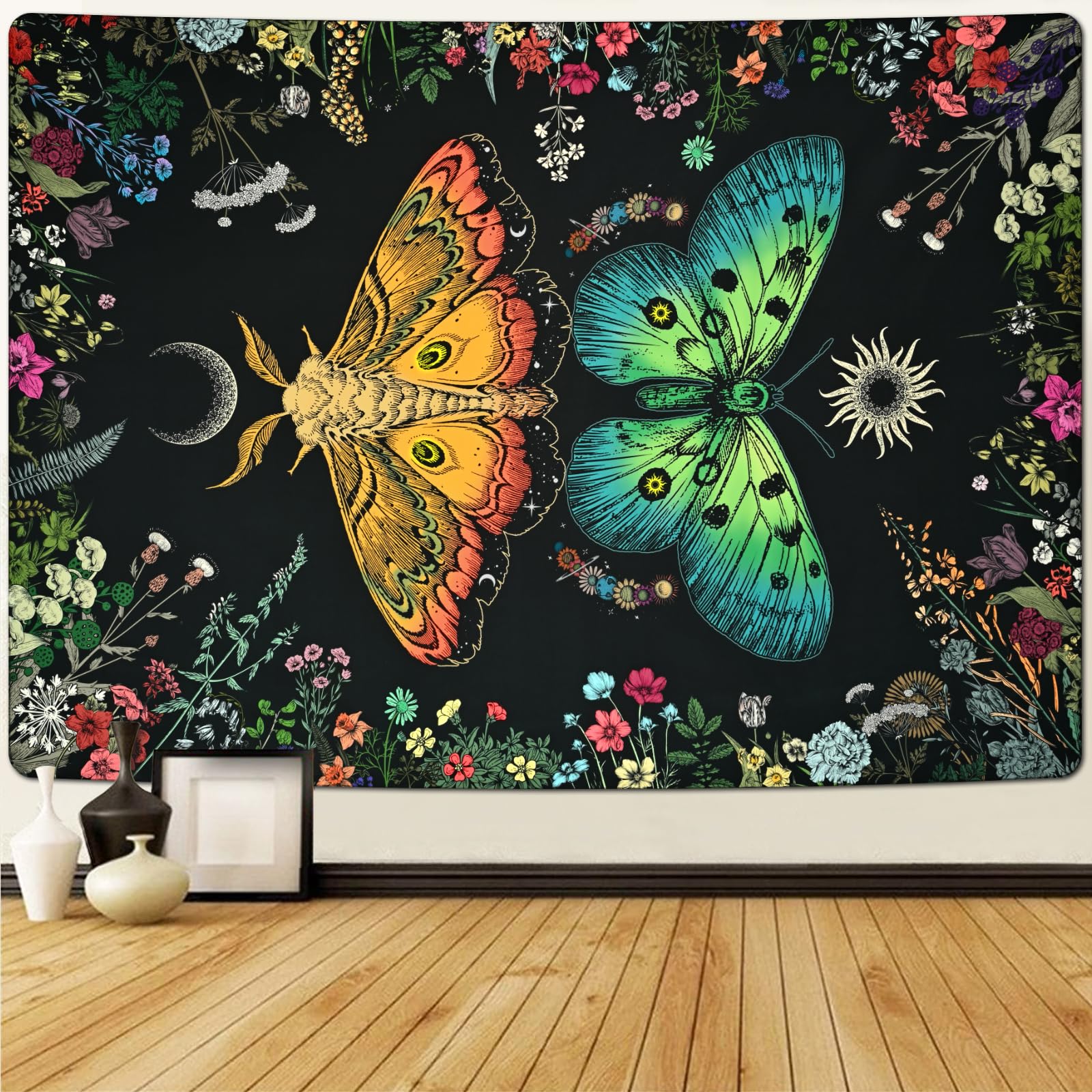 Amazon.com: Krelymics Boho Butterfly Tapestry Moon Flowers Plants ...