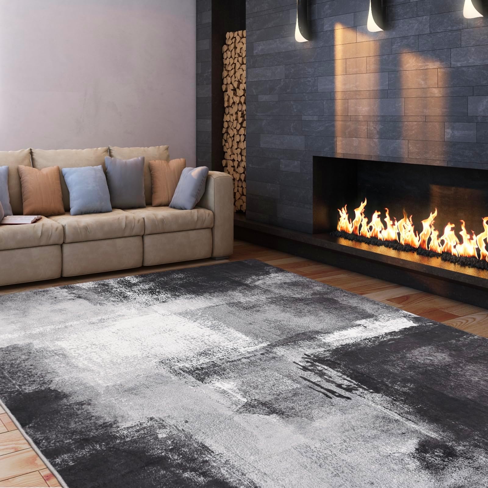 Amazon.com: TRUEDAYS Abstract Rug 5x7 Washable Rug - Modern Black and ...