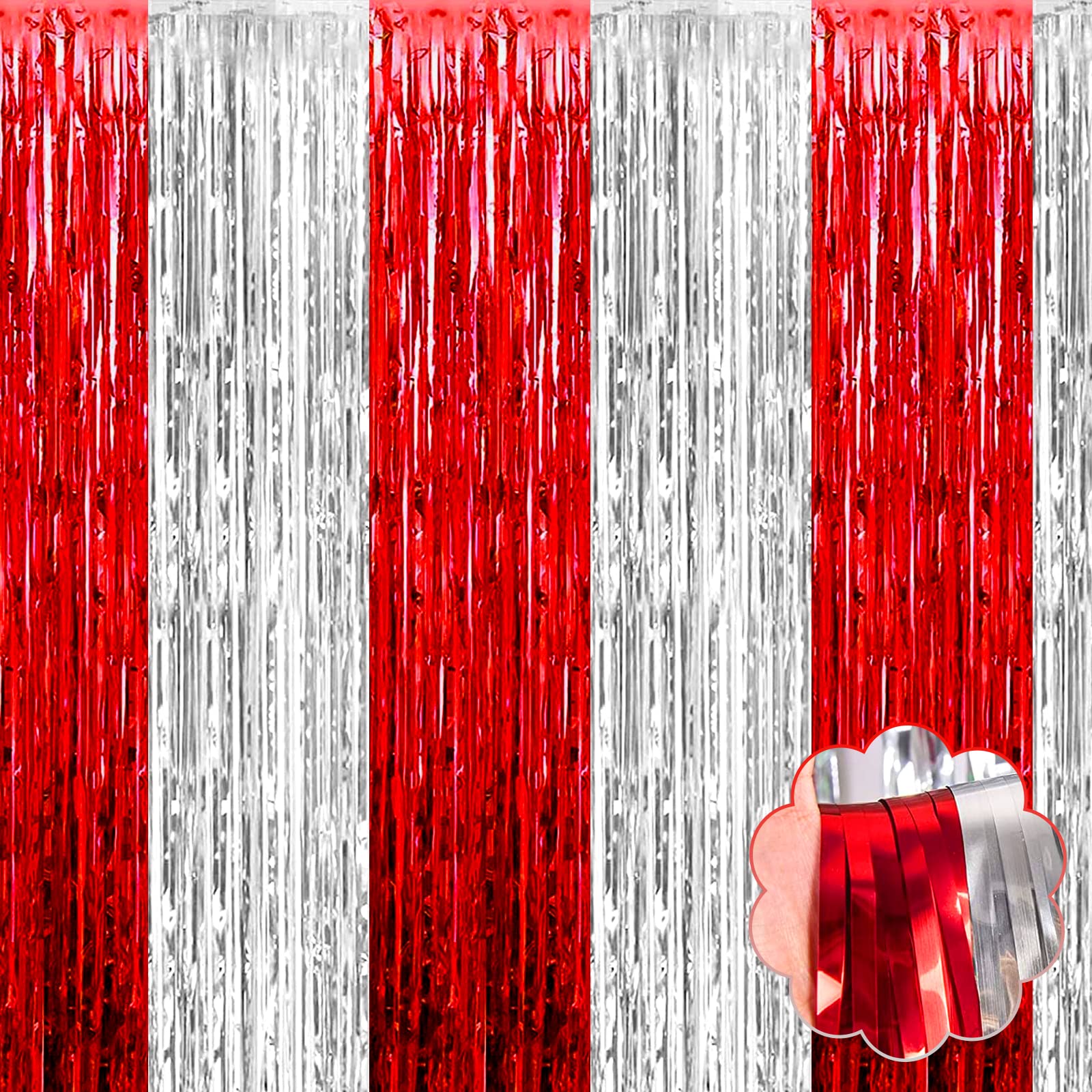 Amazon.com : 8 Pack Silver Red Tinsel Foil Fringe Curtain Backdrop, 3 ...