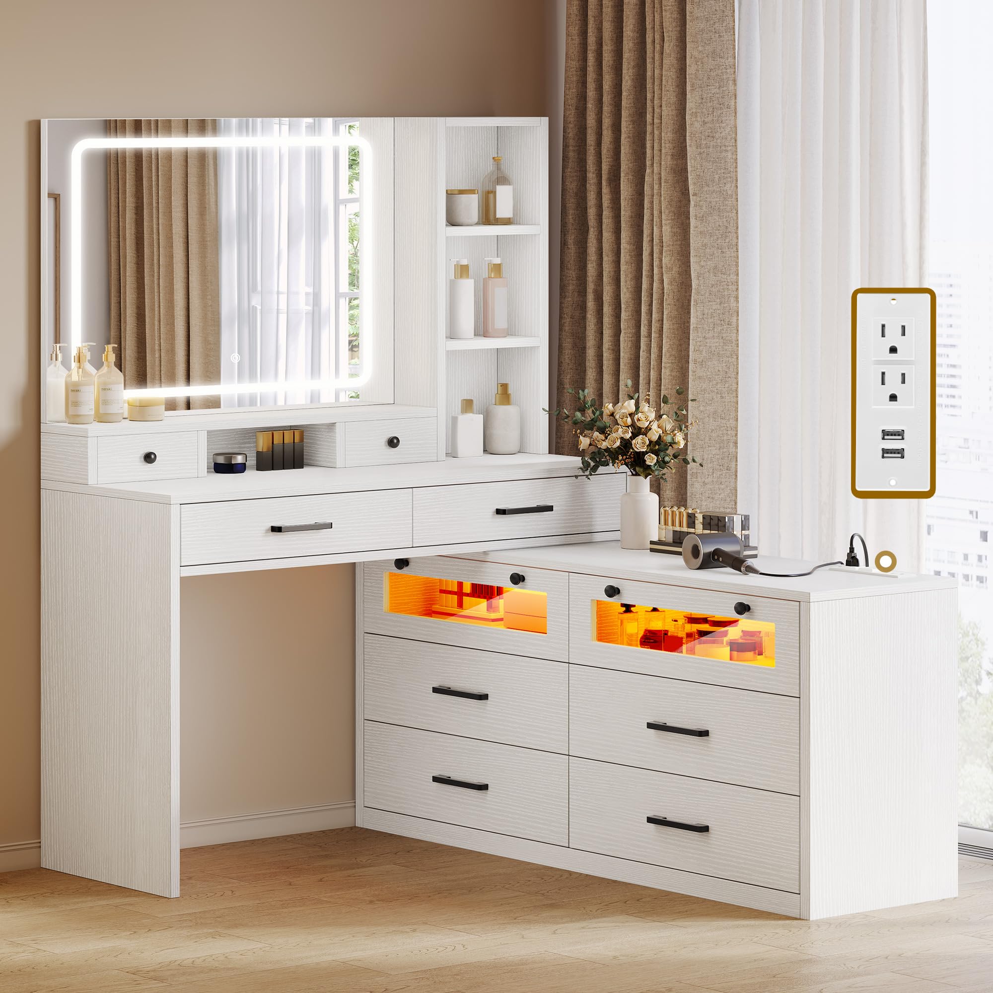 Amazon.com: DWVO Vanity Desk with Mirror and Light, 65" Makeup Mirror ...