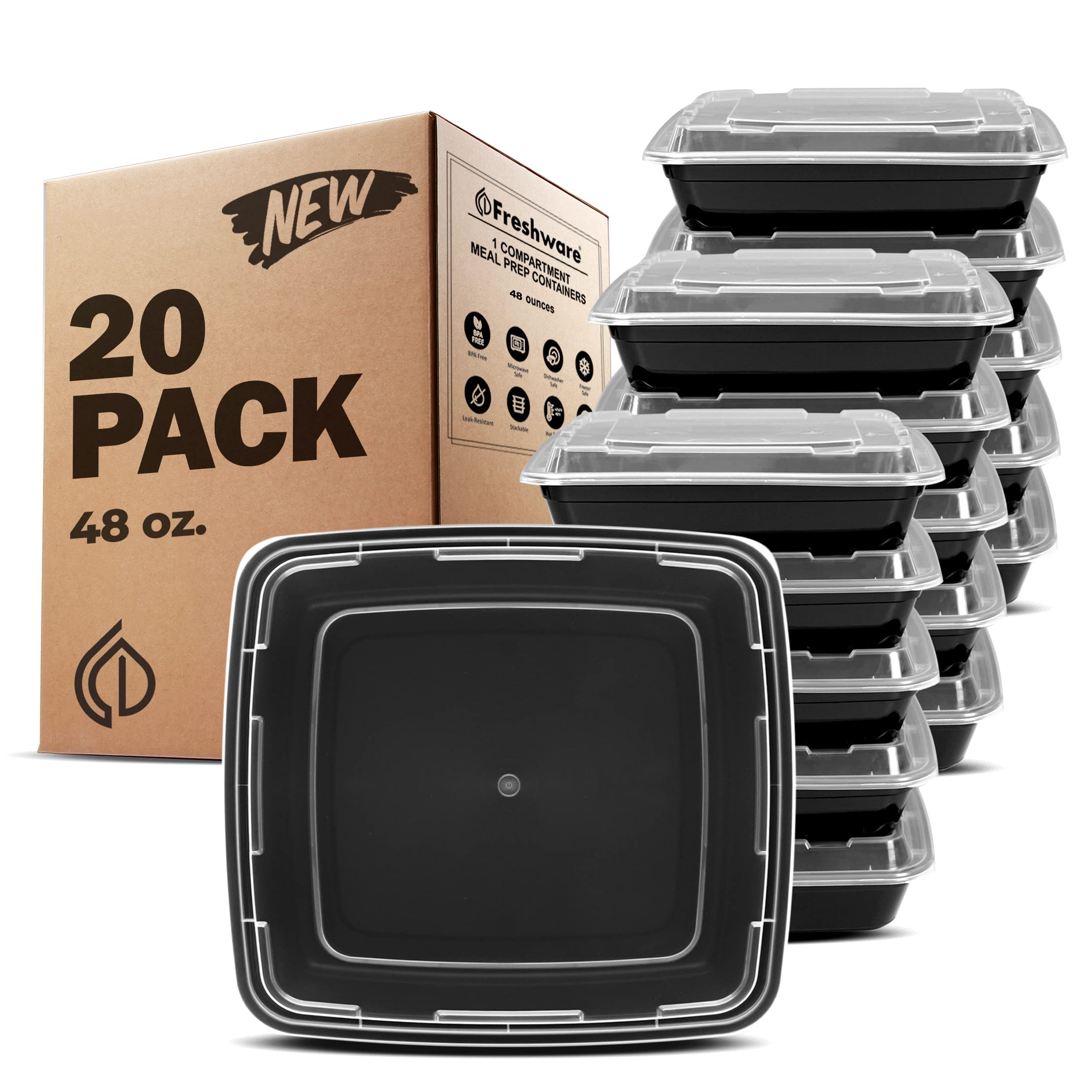 Freshware Meal Prep Containers [20 Pack] 1 Compartment Food Storage ...
