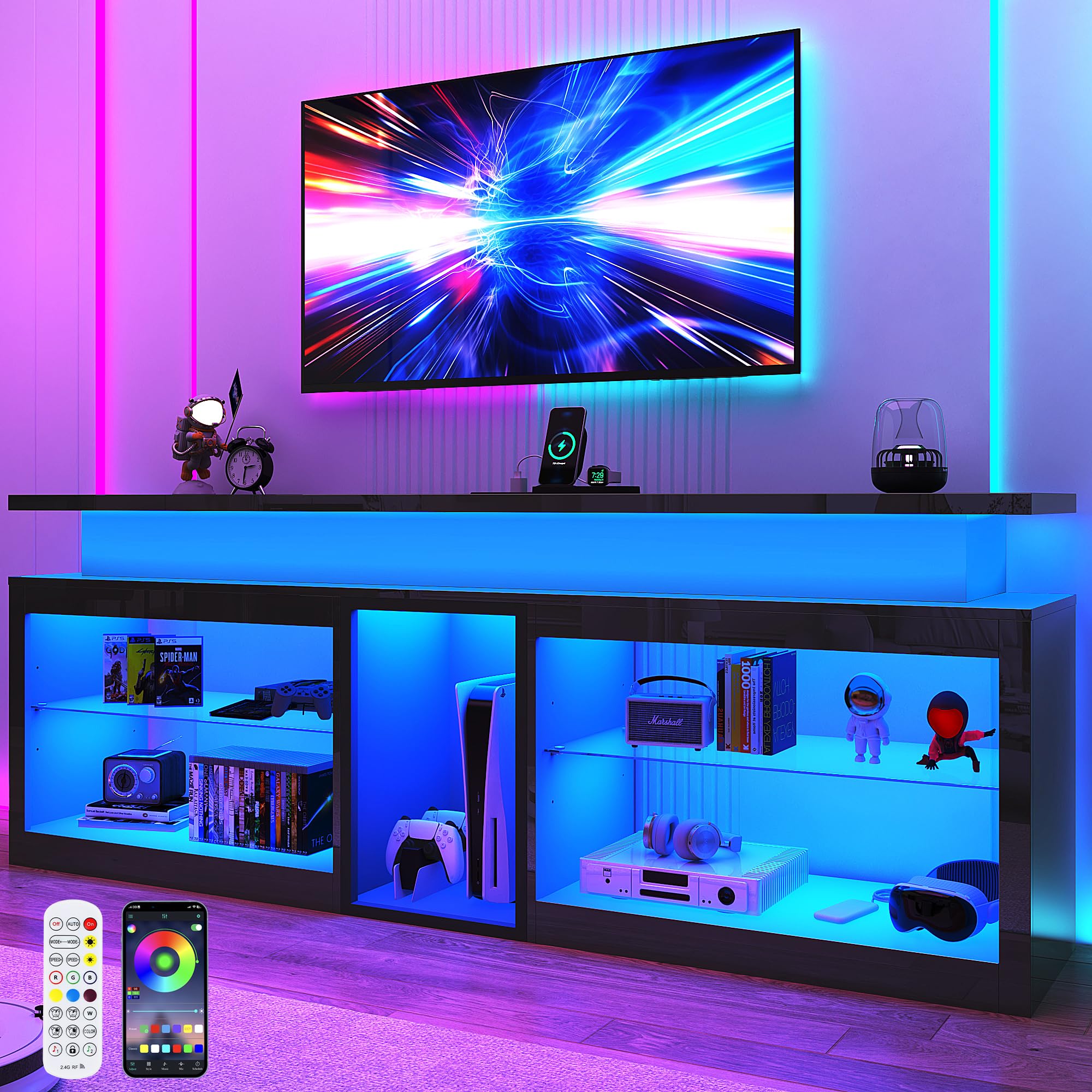 Amazon.com: 71" LED TV Stand with Power Outlet,60-Colors LED Lights For ...