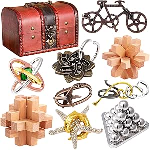 Amazon.com: 9 pcs Metal Wooden Brain Teaser Puzzle Logic Metal Puzzle ...