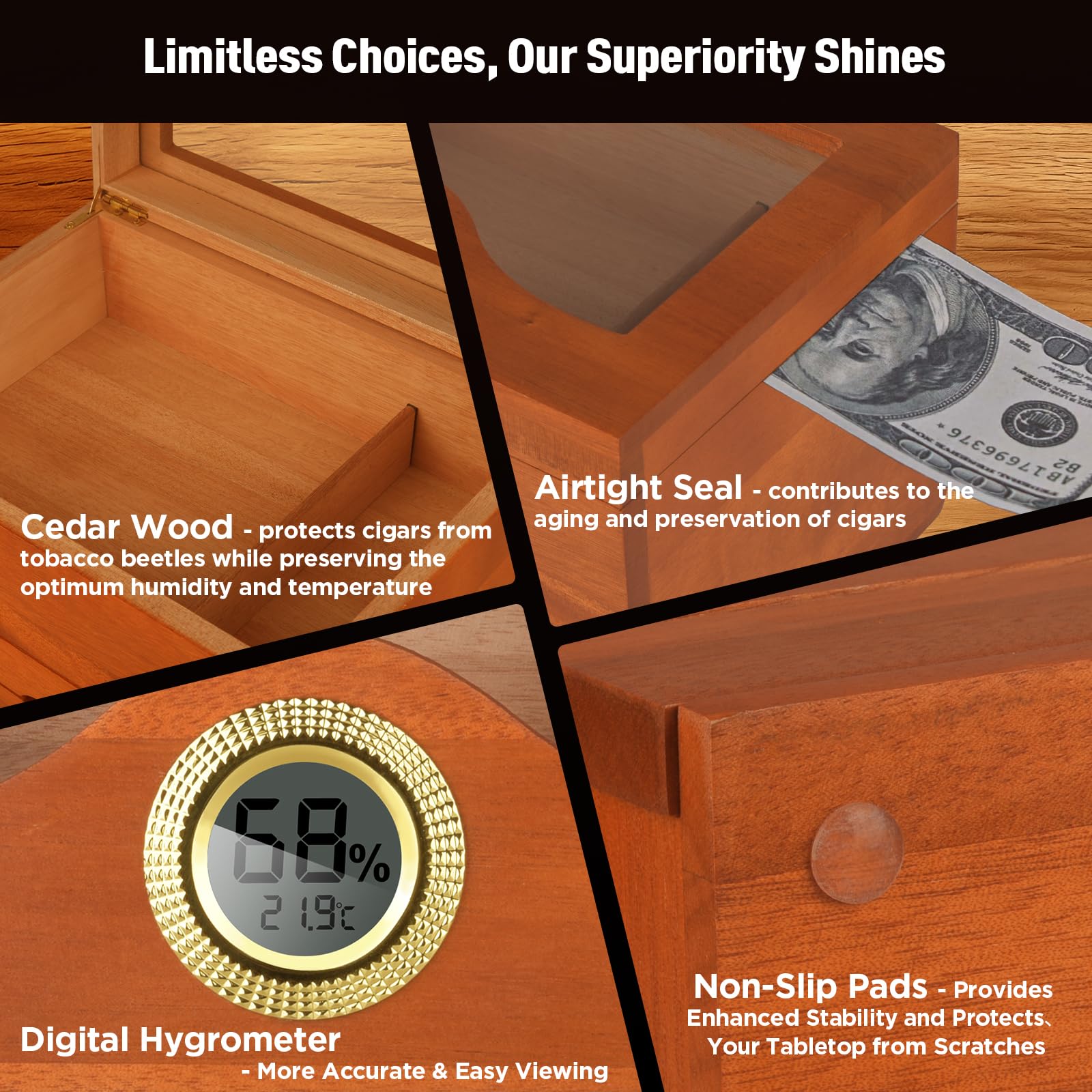 Snapklik.com : Cigar Humidor, Cedar Wood Cigar Box, Glass Top Desktop ...