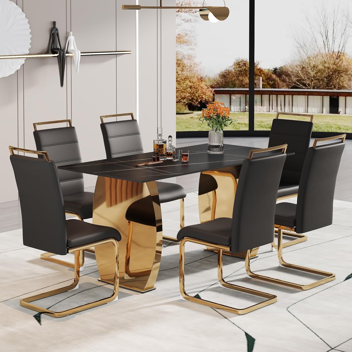 Amazon.com - 63”Luxury Dining Table Set for 6,Faux Marble Dining Table ...