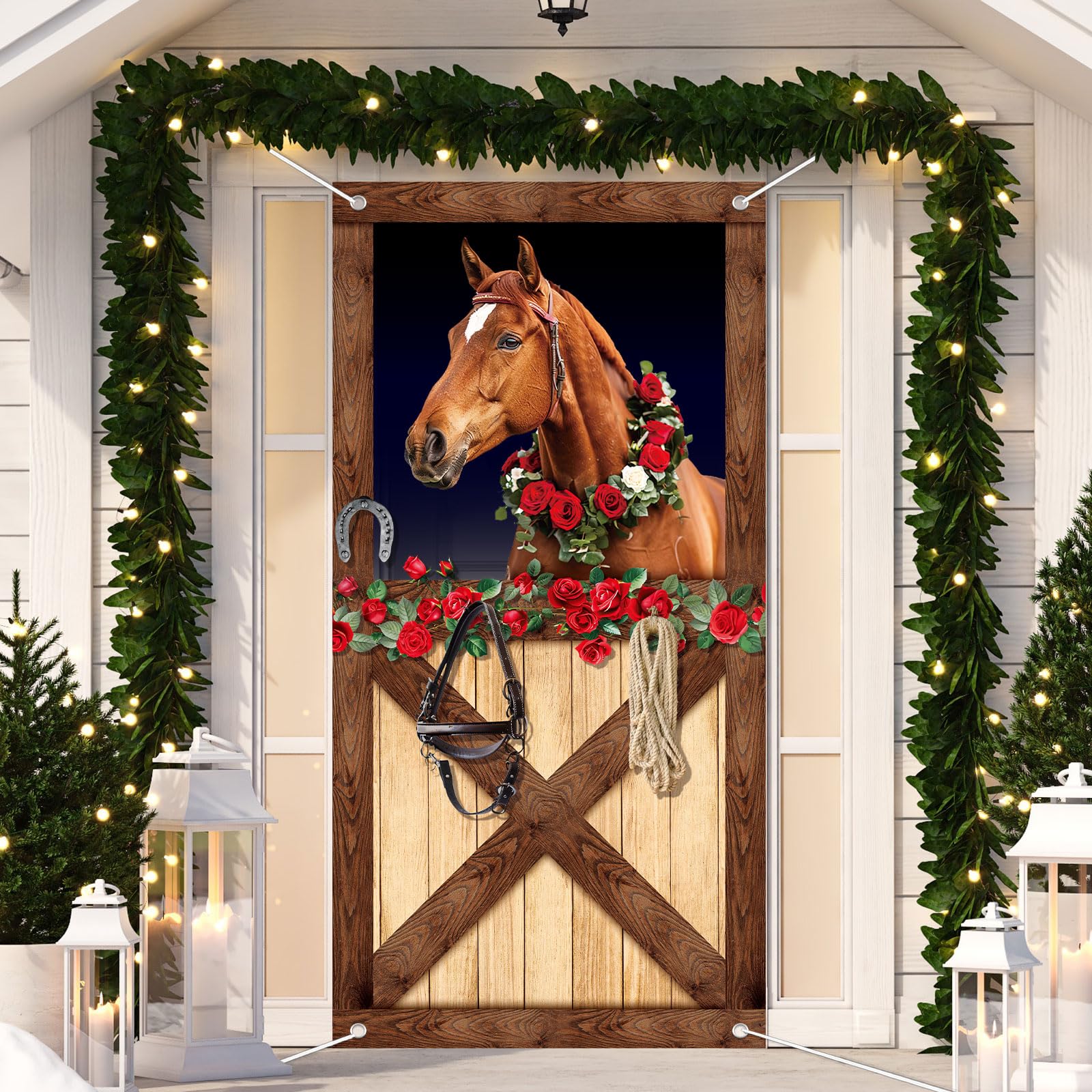 Amazon.com: Horse Christmas Door Cover Decorations, Fabric Stable ...