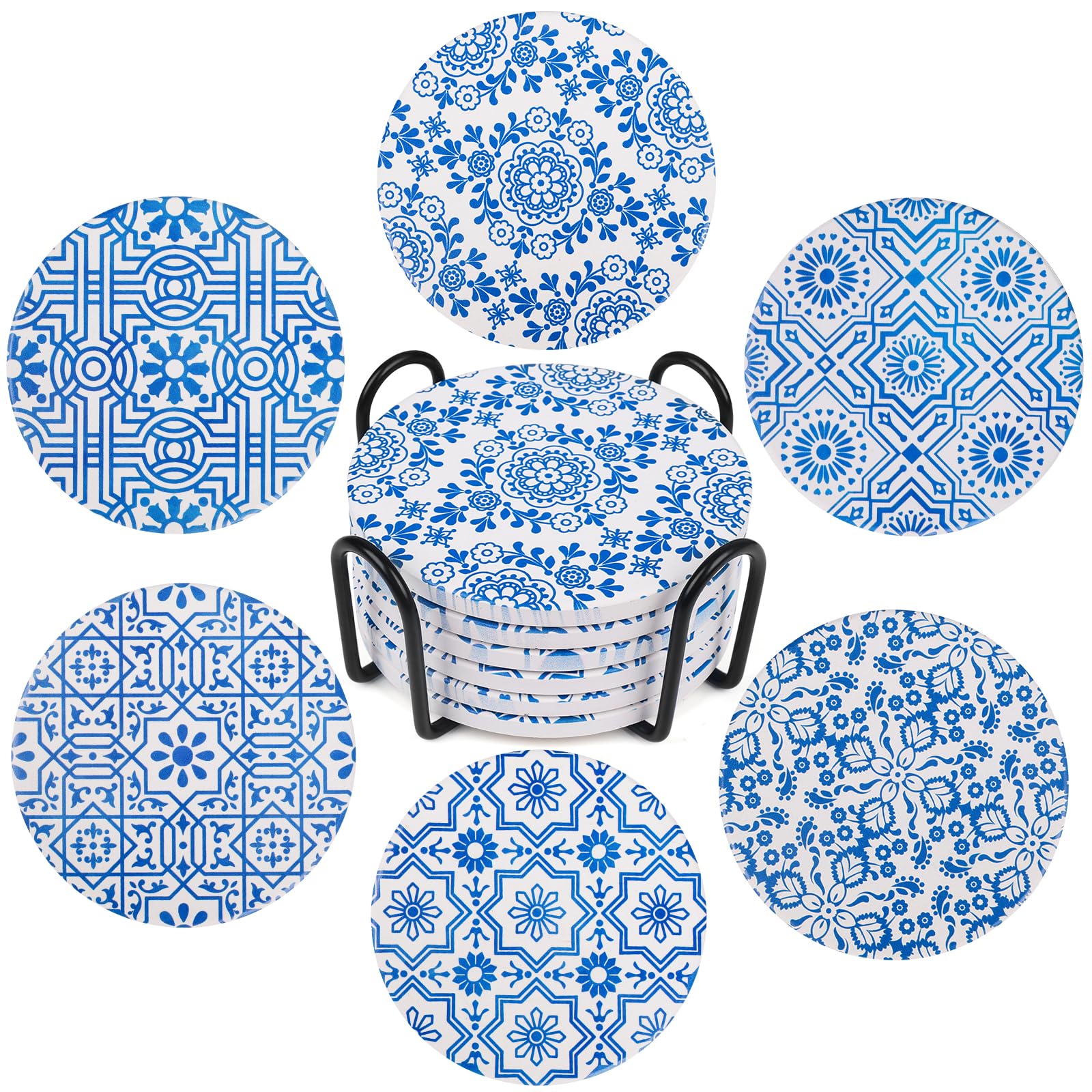 Amazon.com: Coasters with Holder,Blue and White Style Ceramic Drink ...