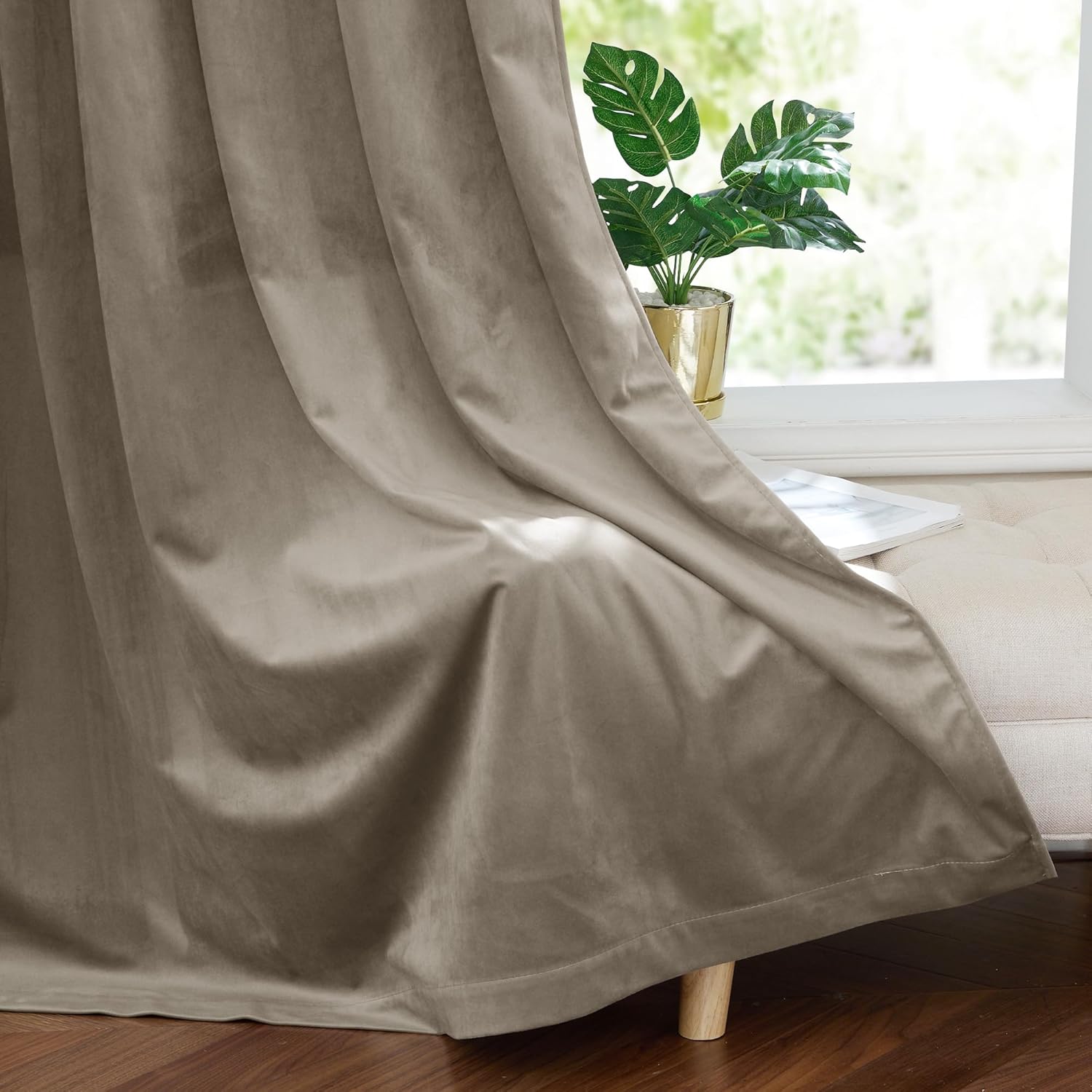 StangH Cortinas opacas de terciopelo para sala de estar, color beige camello, pestaña trasera de ...