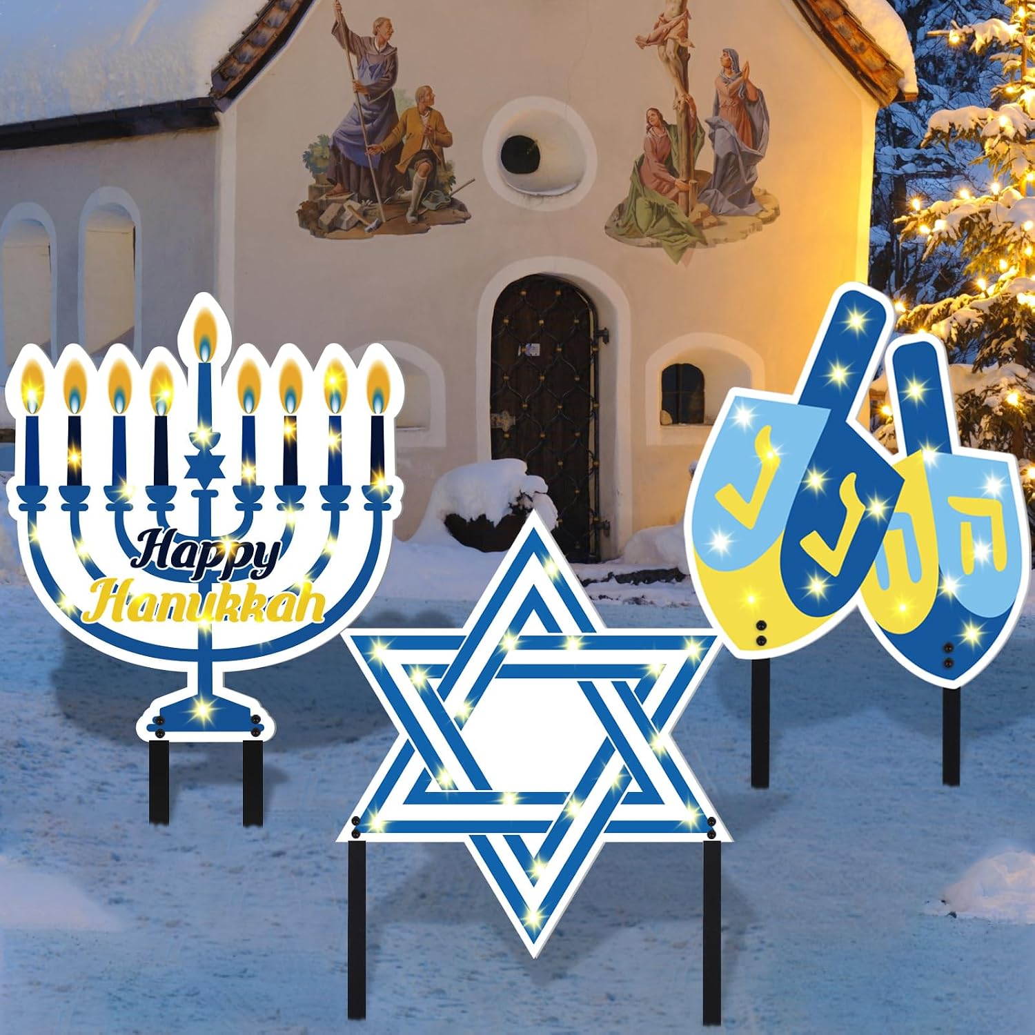 Amazon.com : Lounsweer 3 Pcs Metal Happy Hanukkah Yard Signs with ...