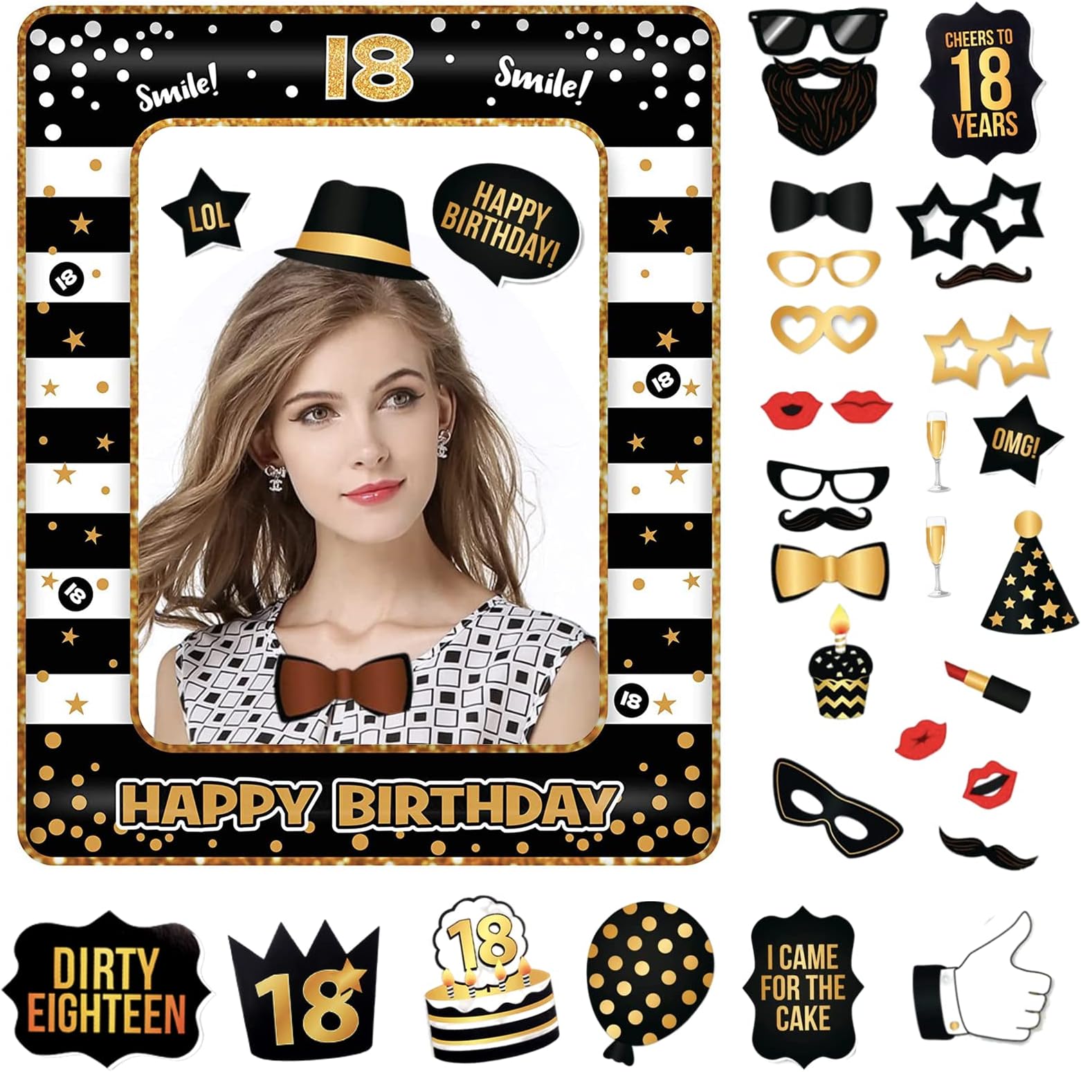 Black Gold Photo Booth Props - 36 Pieces Birthday Inflatable Selfie ...