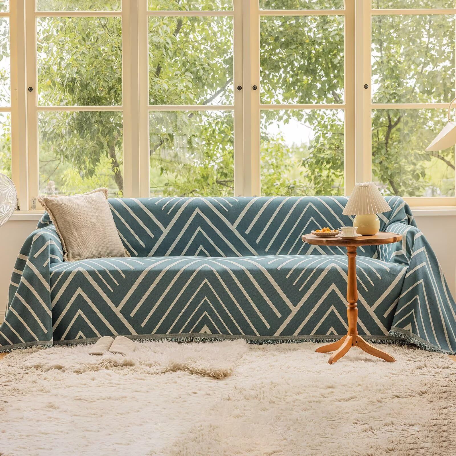 Amazon.com: VClife Modern Chenille Couch Cover Dark Green Cream White ...