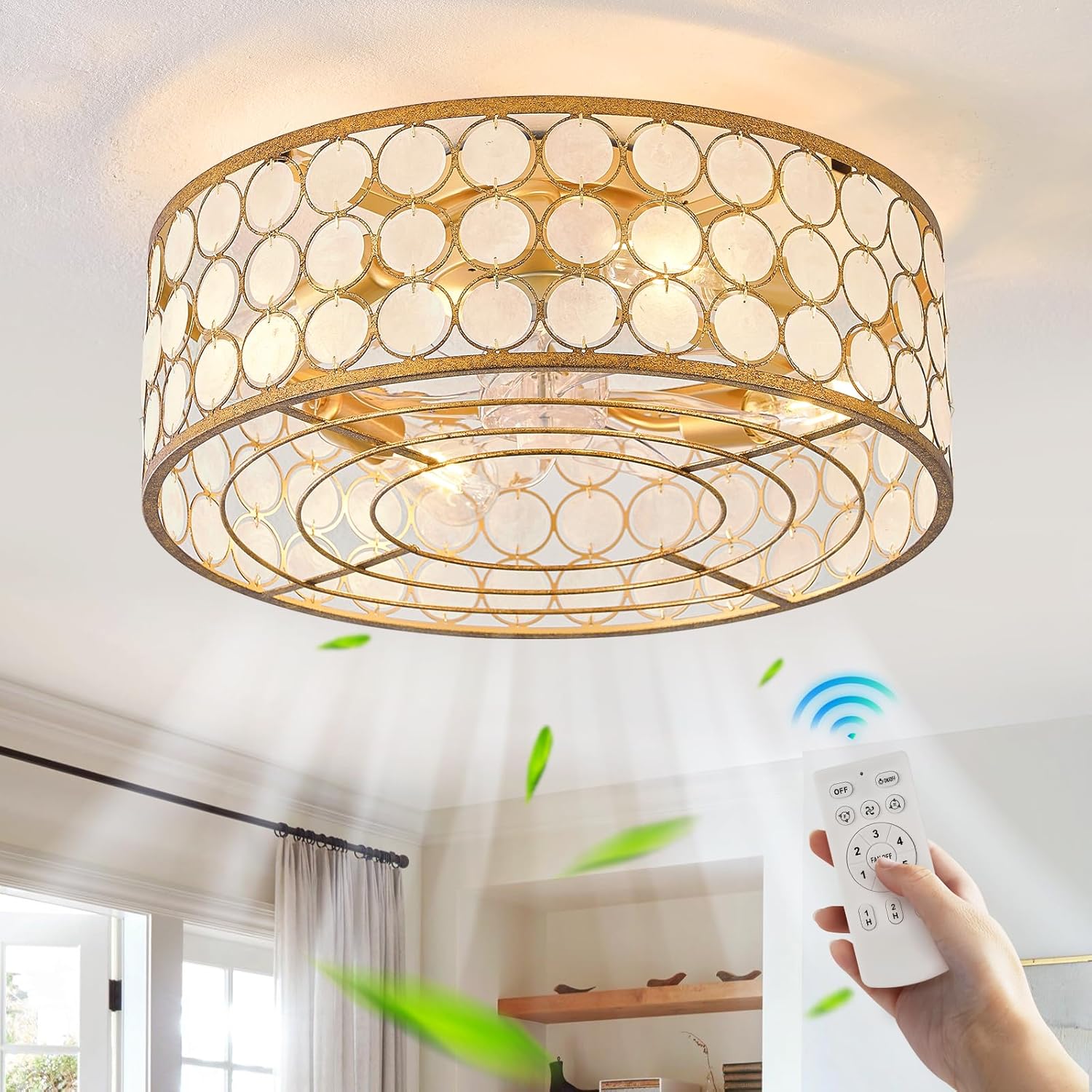 Amazon.com: HLMRCHEN Shell Design Caged Ceiling Fan with Light Flush ...