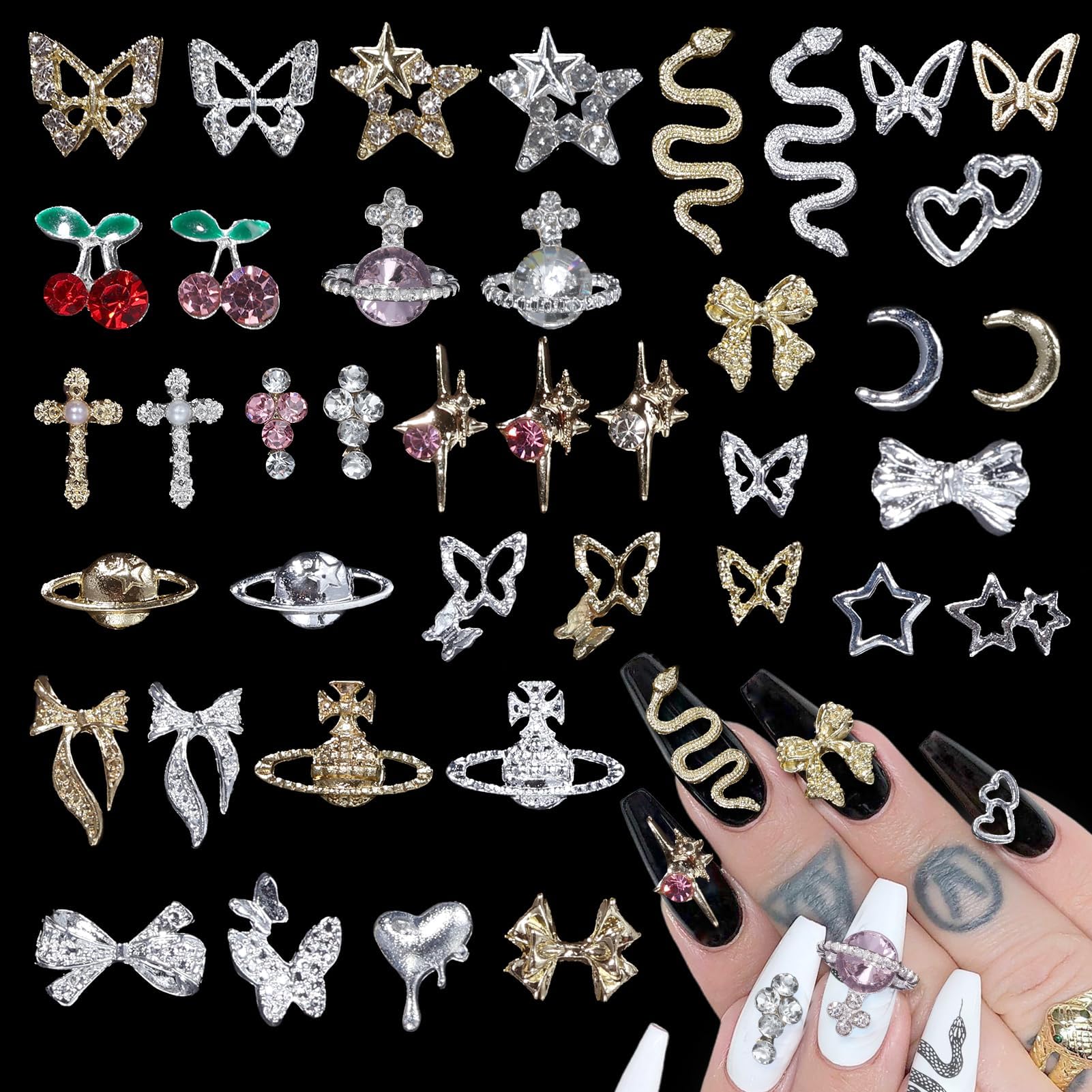 Amazon.com: 105 Pcs Silver+Gold Nail Gems Charms, Bow Moon Snake Planet ...