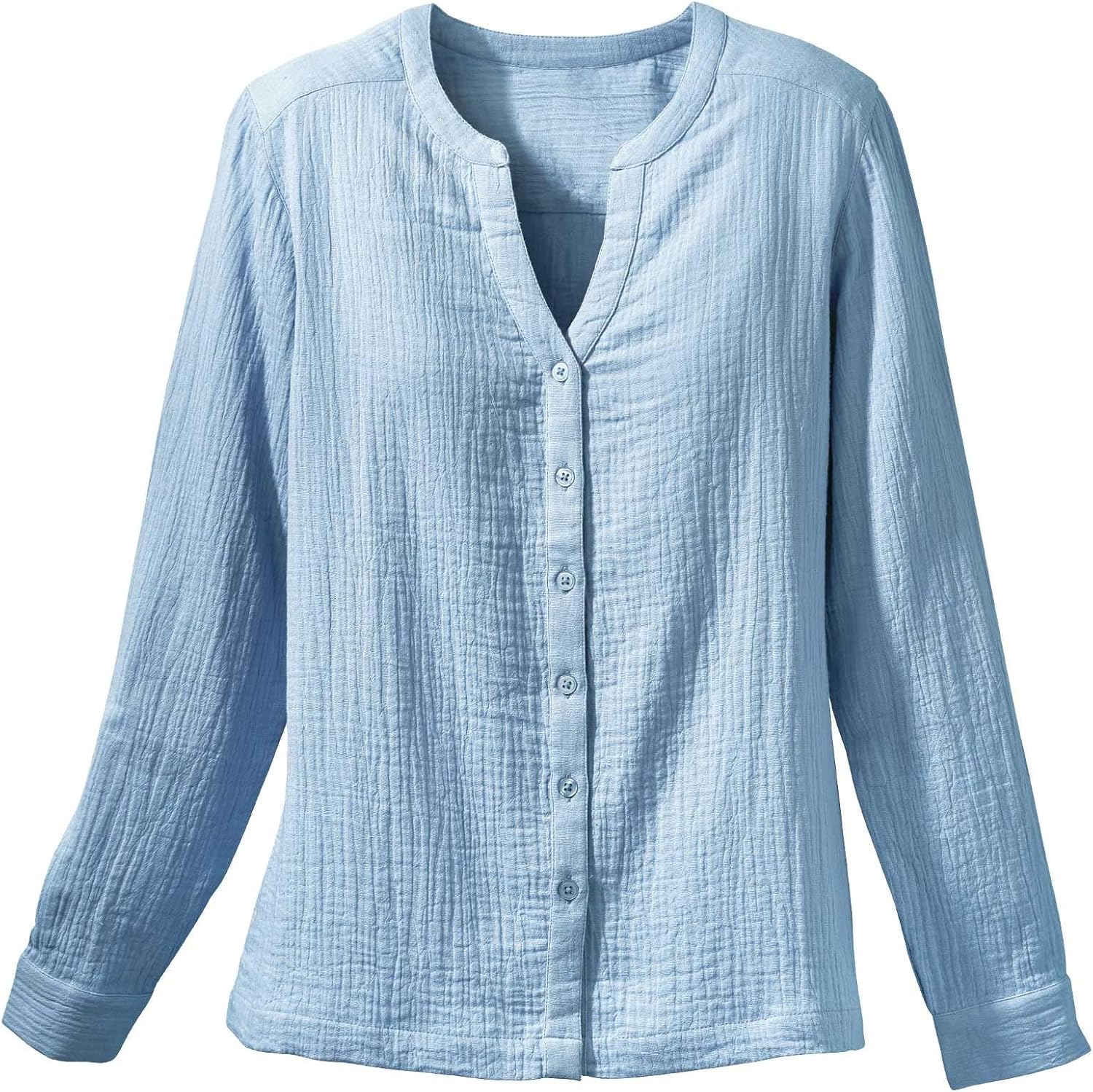 National Women's Crinkle Cotton Button-Front Blouse with Long Sleeves ...