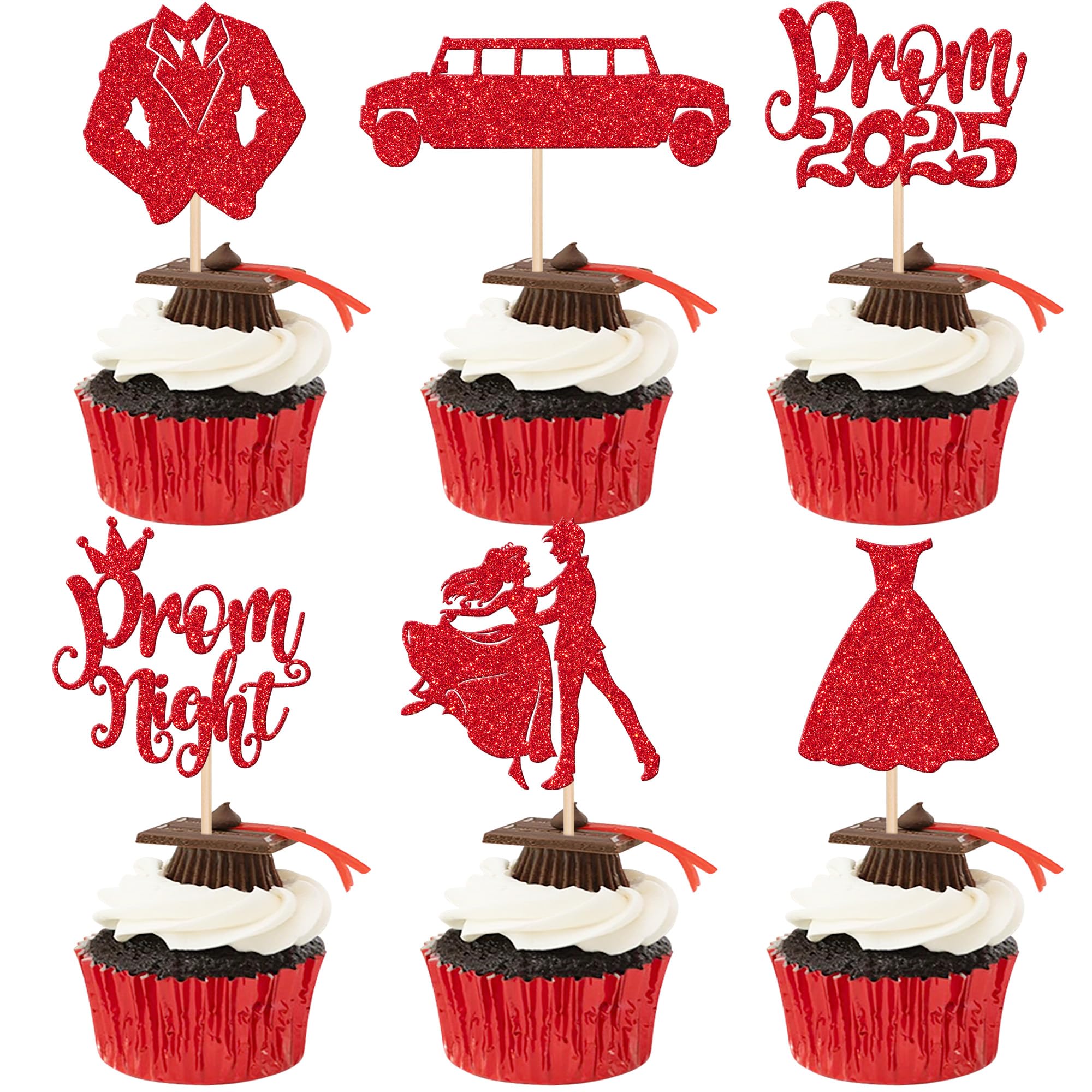 Snapklik.com : 24 PCS Red Glitter Prom & Graduation Cupcake Toppers