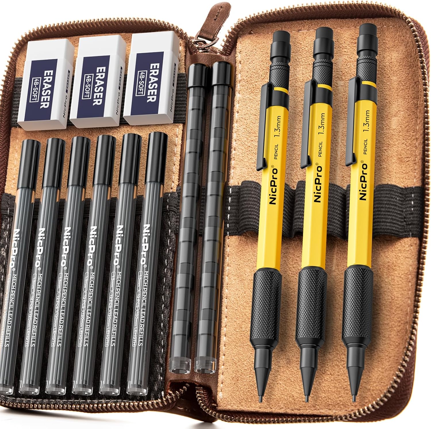 Amazon.com : Nicpro 15PCS 1.3 mm Mechanical Pencils Set in Leather Case ...