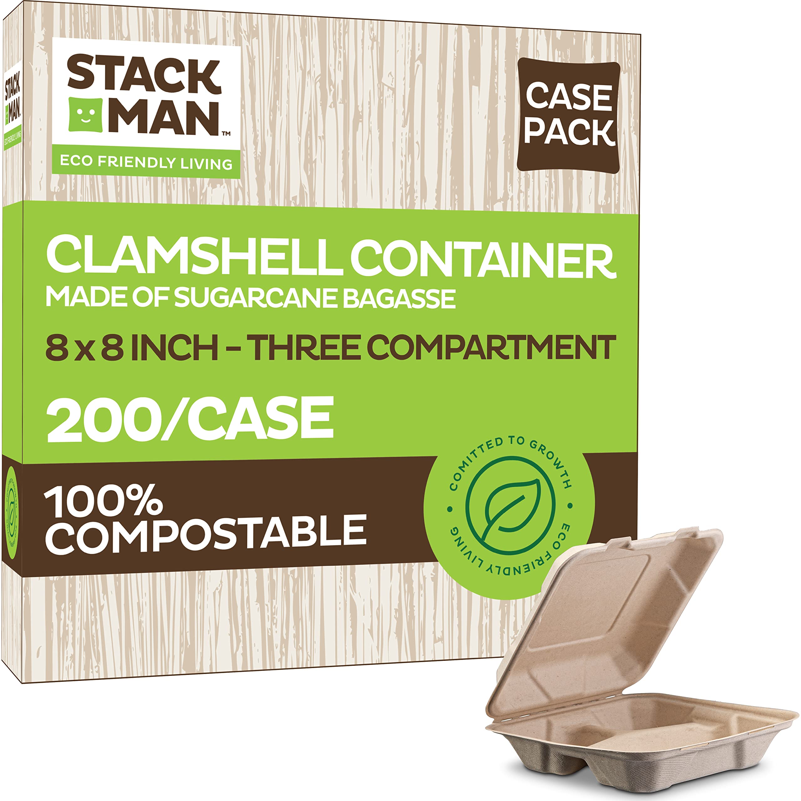 [Case - 200-Pack] 100% Compostable to Go Containers 8x8" 3-Compartment ...