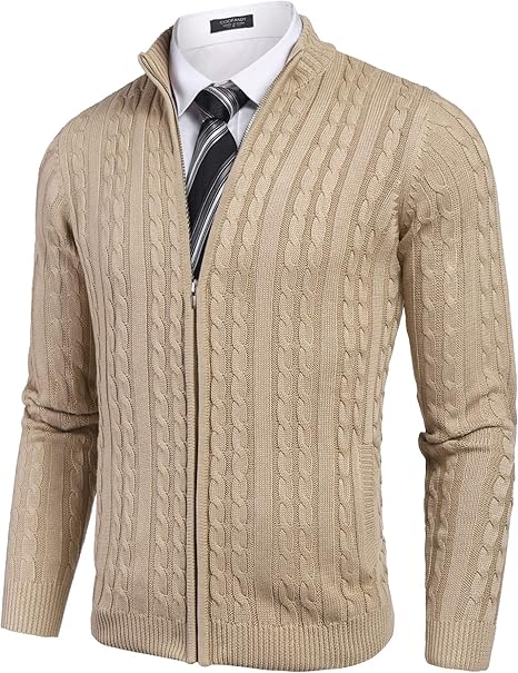 Coofandy Men's Full Zip Cardigan Sweater Slim Fit Cable Knitted Zip Up ...