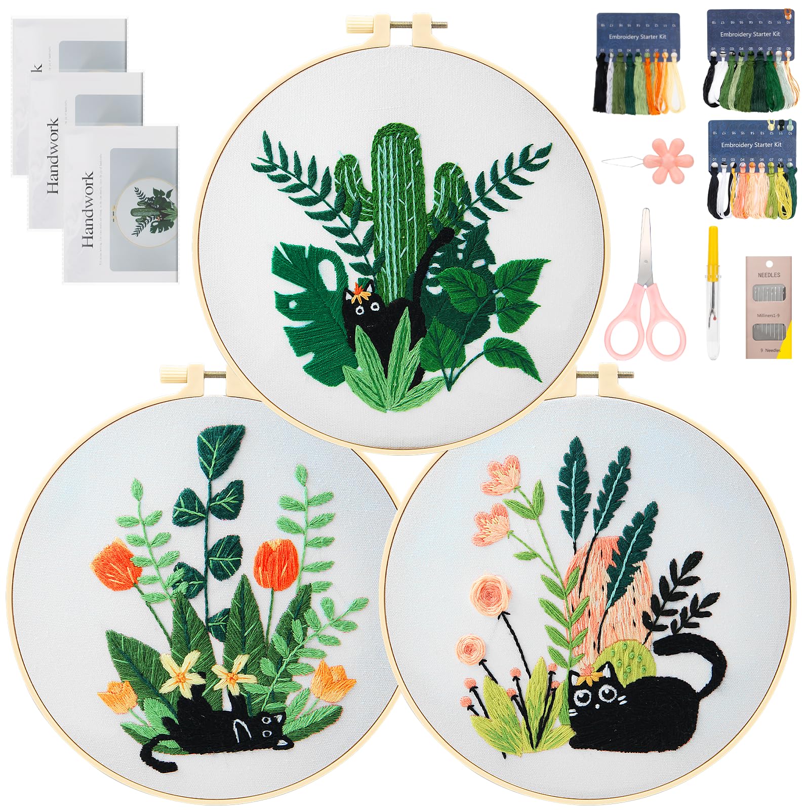 Snapklik.com : 3 Sets Cat Embroidery Kit For Beginners Adults, Stamped ...