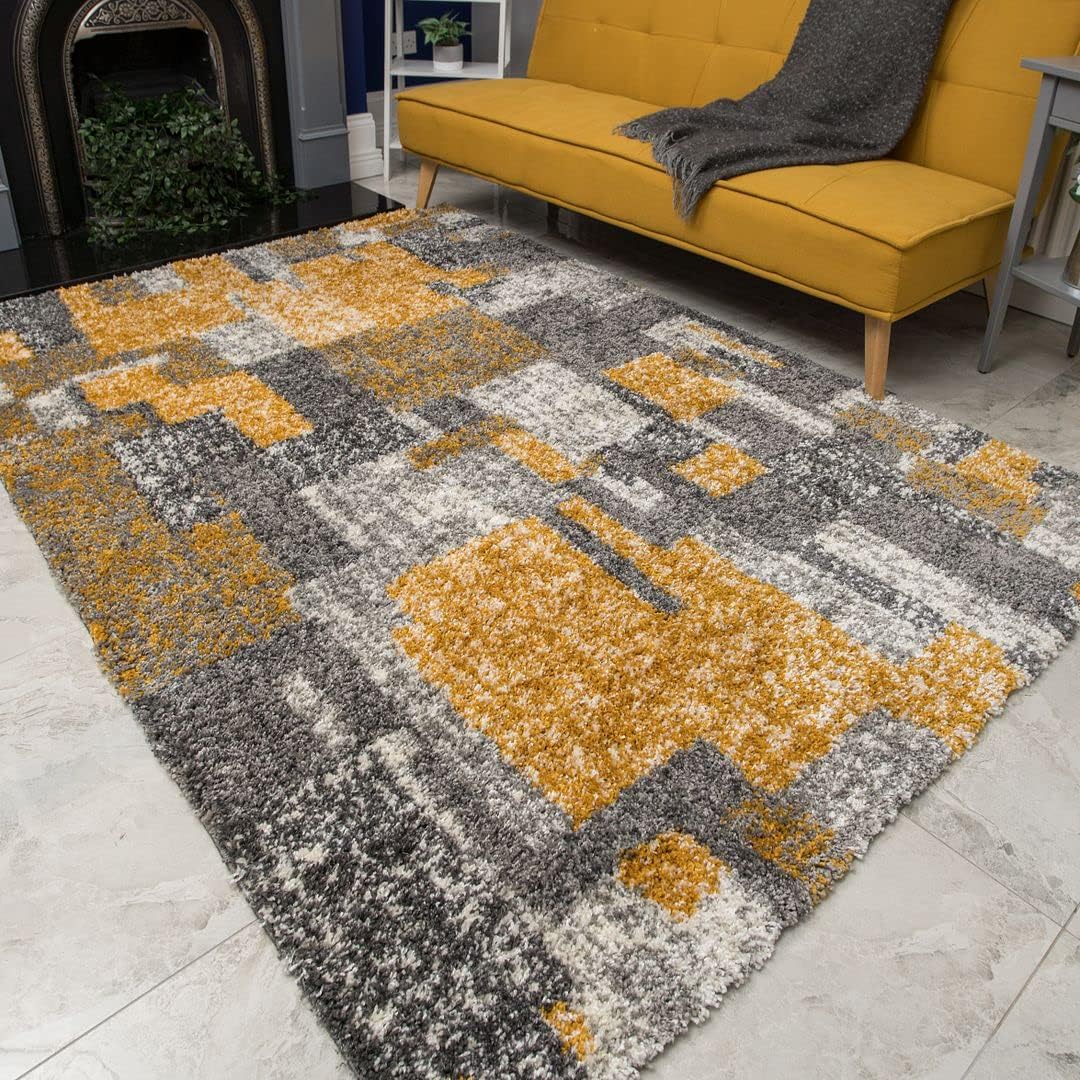Luxury Thick Stripe Ochre Yellow Grey Shaggy Living Room Area Rug Hygge ...