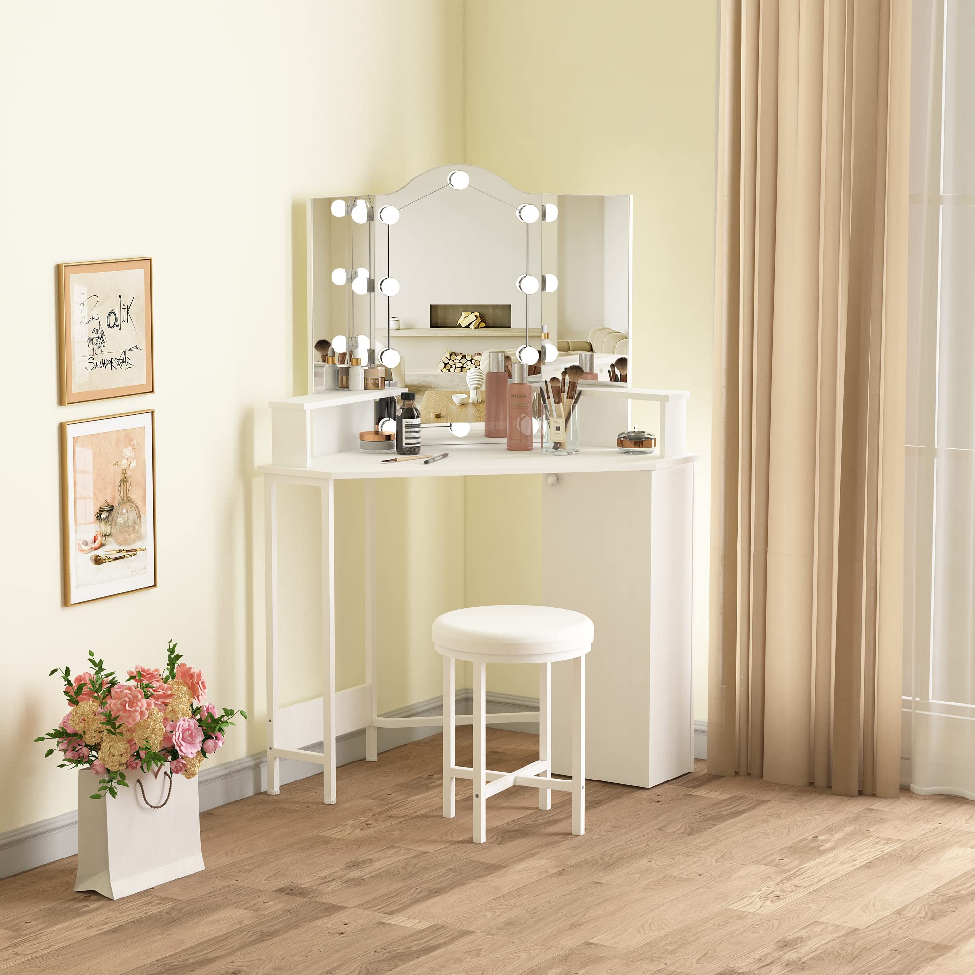 Vabches Corner Makeup Vanity with Lights, White Vanity Table Set, 3 ...