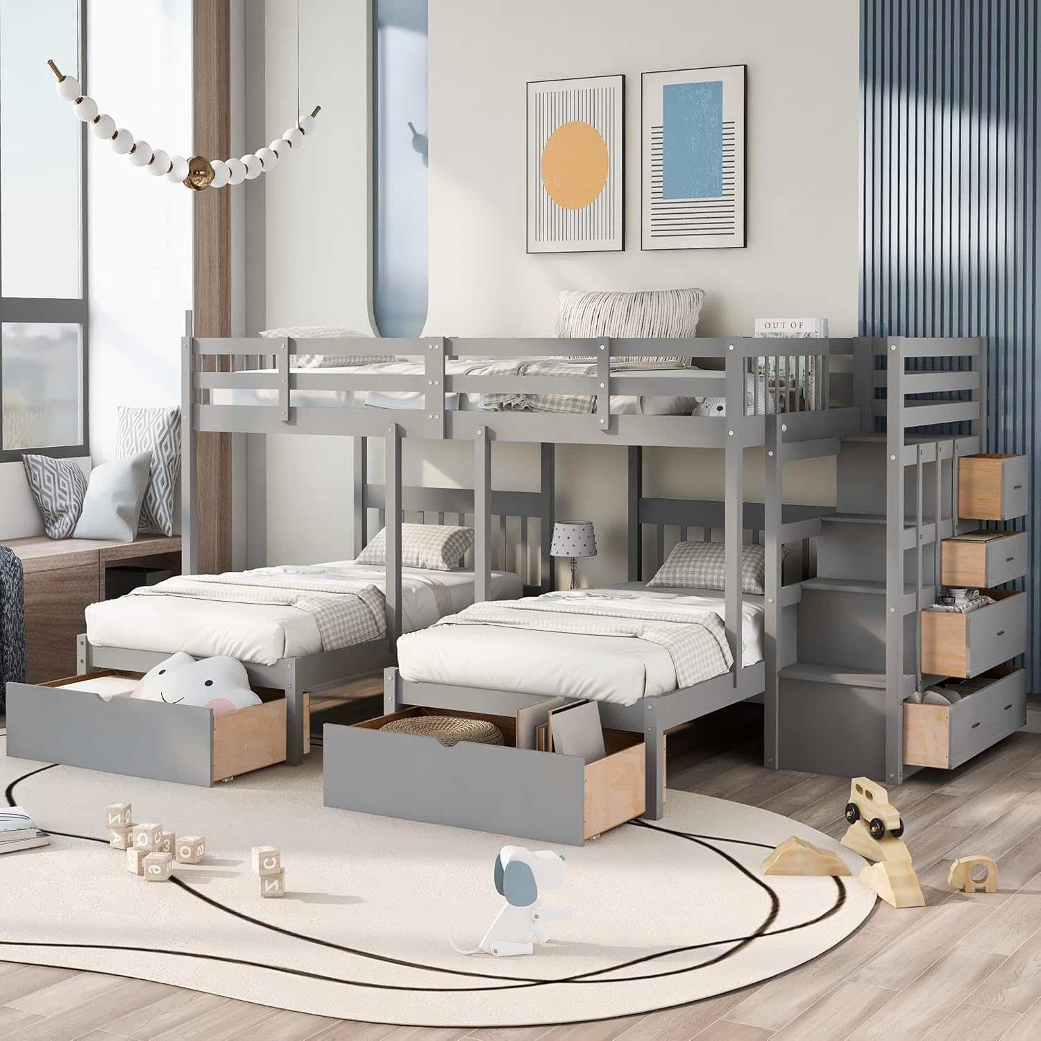 Amazon.com: Harper & Bright Designs Triple Bunk Bed with Stairs and ...