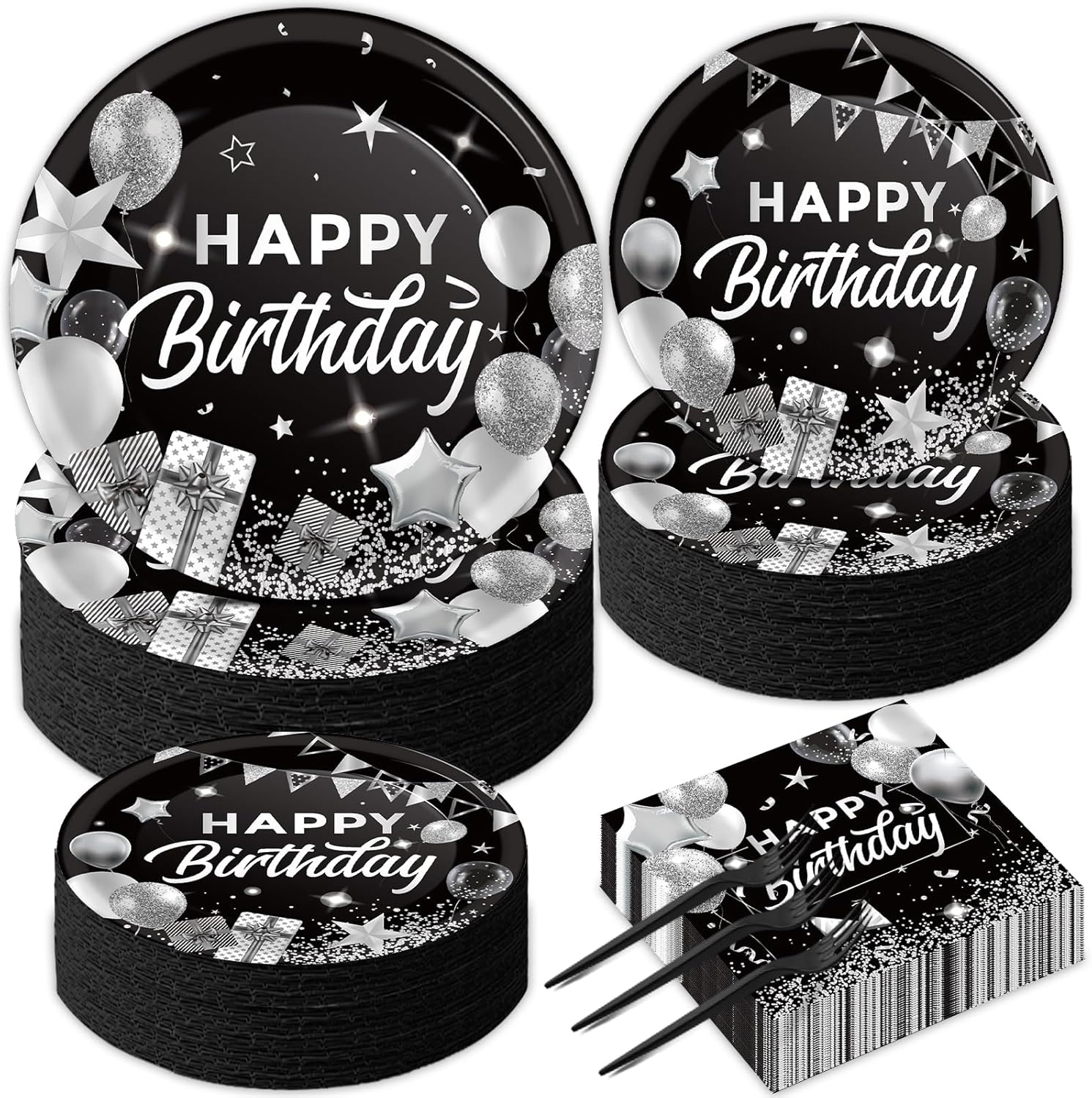 Amazon.com: Gisgfim 200PCS Black and White Silver Happy Birthday Party ...