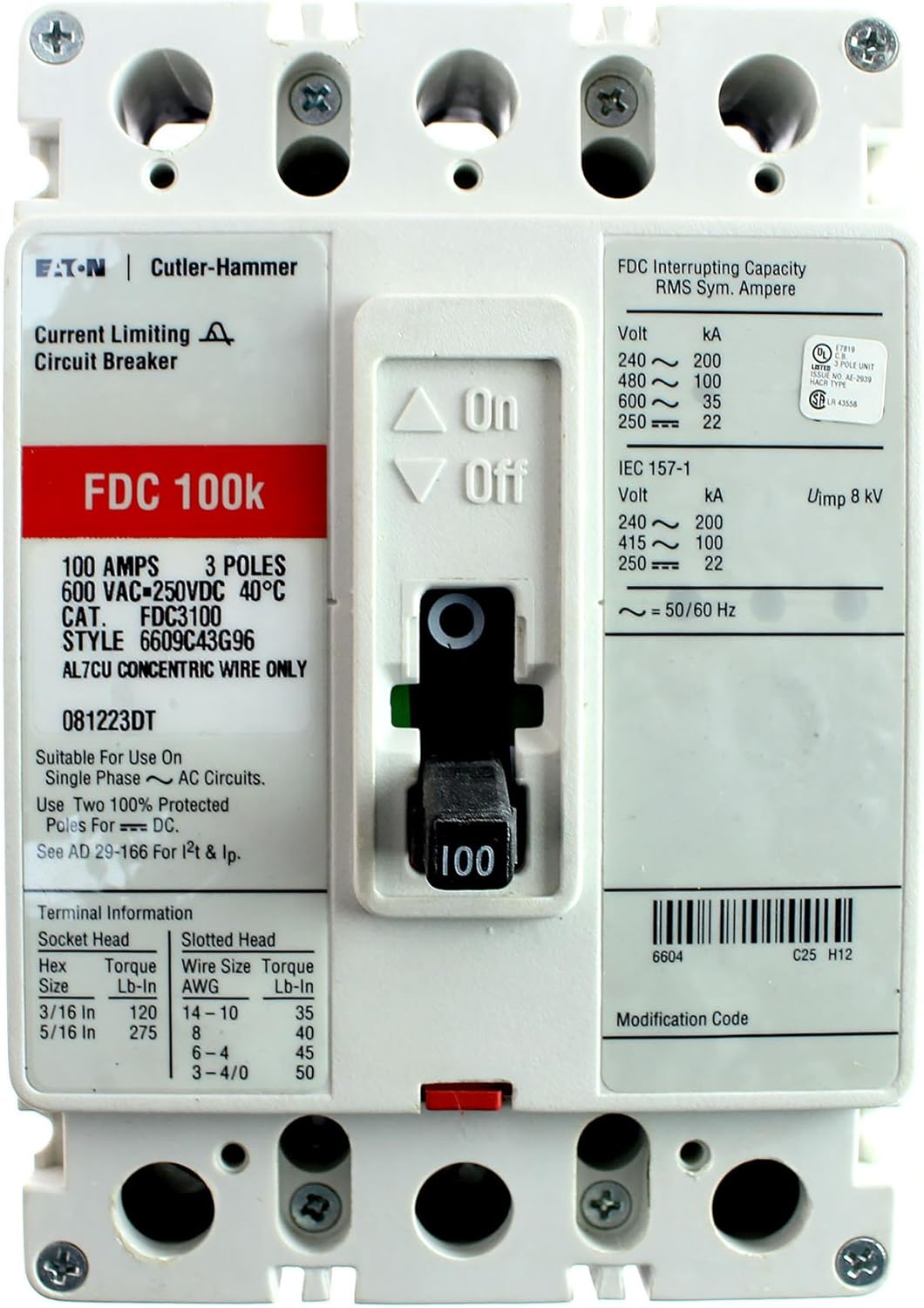 Cutler Hammer Eaton FDC3100 Industrial Circuit Breaker, FDC, 100A, 3 ...