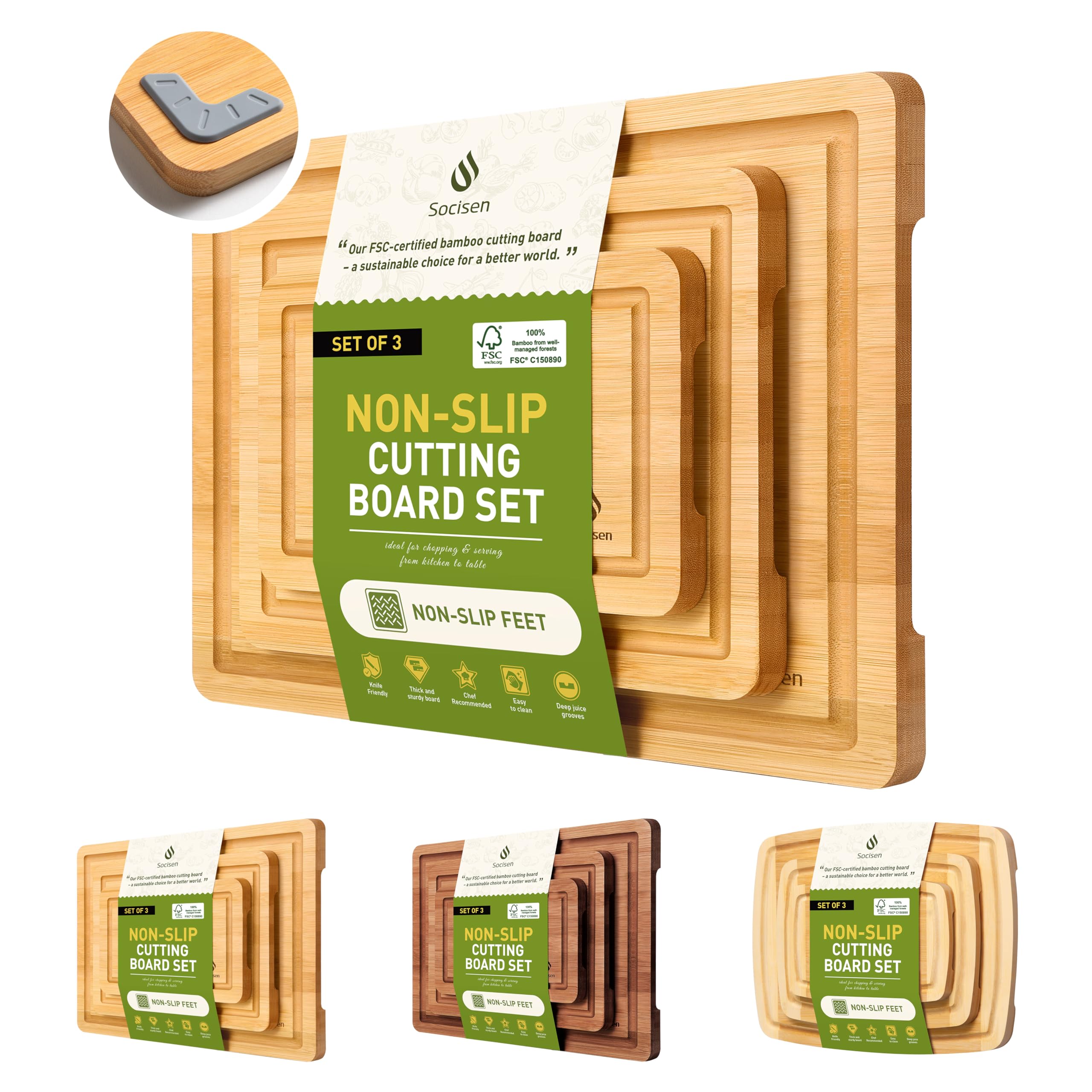 Amazon.com: Bamboo Cutting Board Set Non Slip Feet Over Sink Kitchen ...