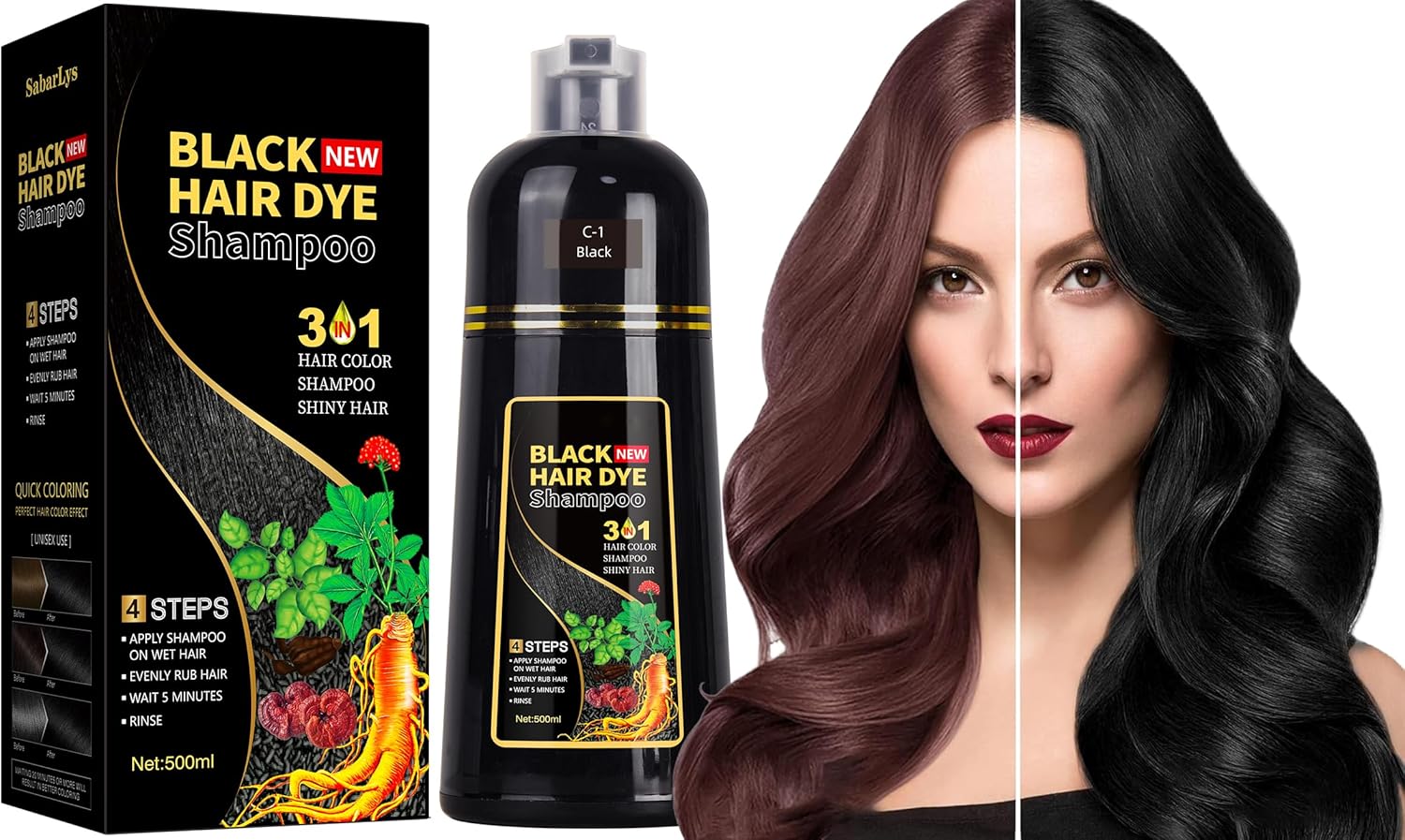 Hair Dye Shampoo 3 in 1 for Gray Hair Coverage, 500ML Instant Hair Color Shampoo, Hair Colour ...