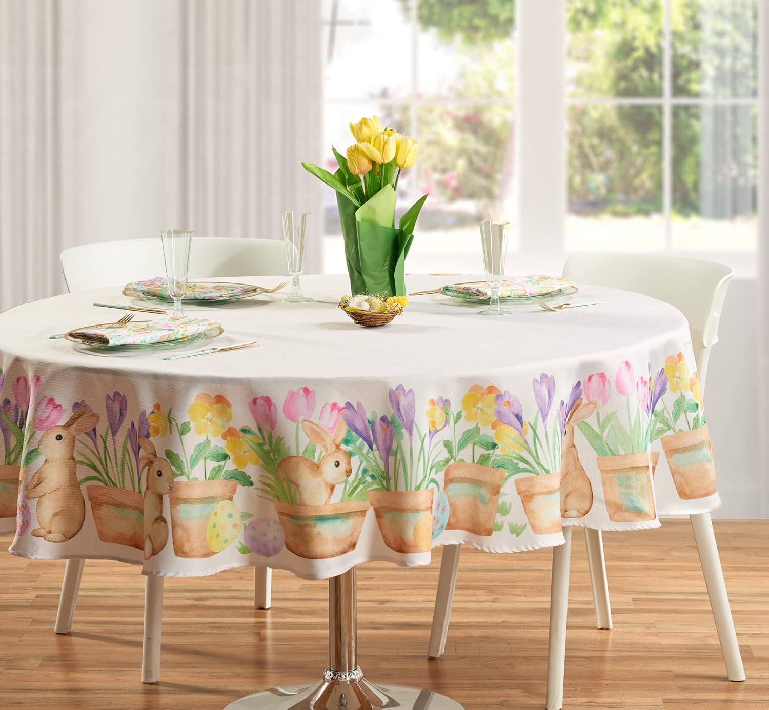 Amazon.com: Kadut Easter Tablecloth Round 70 Inch, Easter Bunnies ...