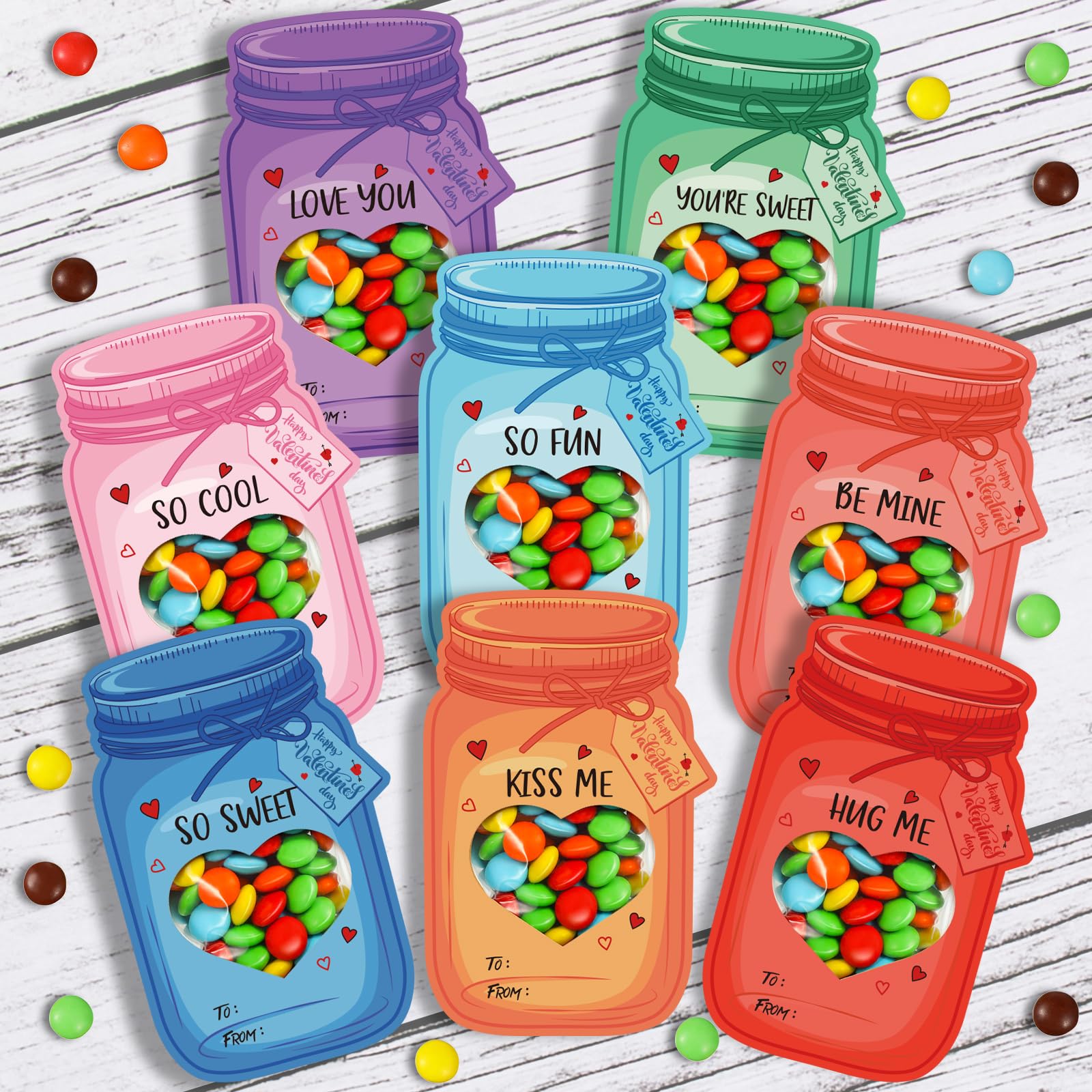 Snapklik.com : 64 Pack Valentines Day Cards, Colorful Jars Happy ...