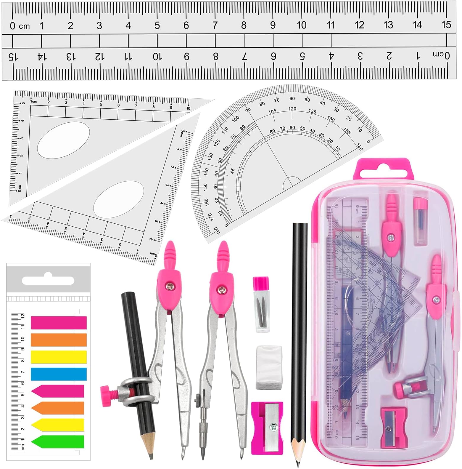 Amazon.com : 7Pcs Pink Compass Protractor Set with Portable Box ...