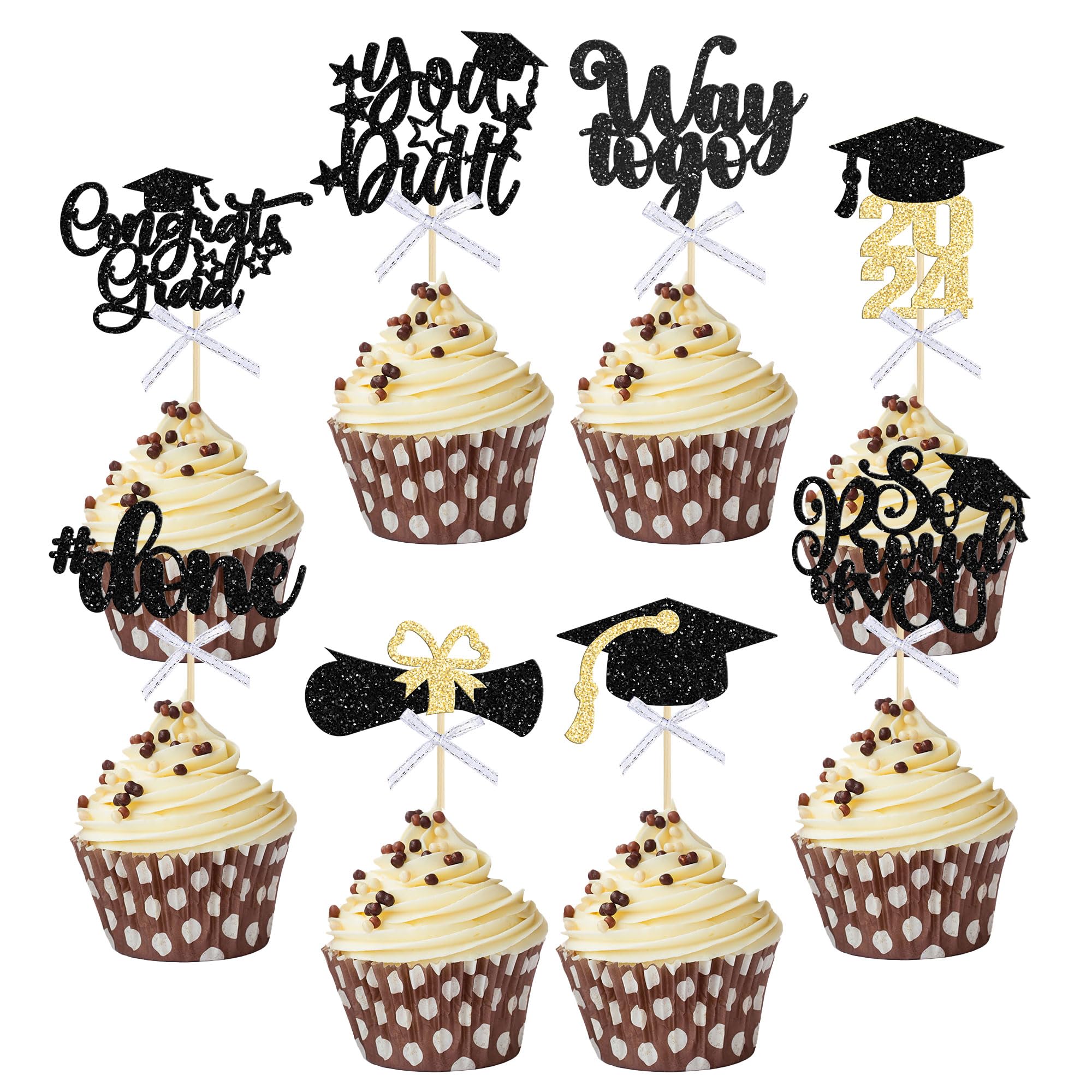 Amazon.com: Gyufise 32Pcs 2024 Graduation Cupcake Toppers Black Glitter ...