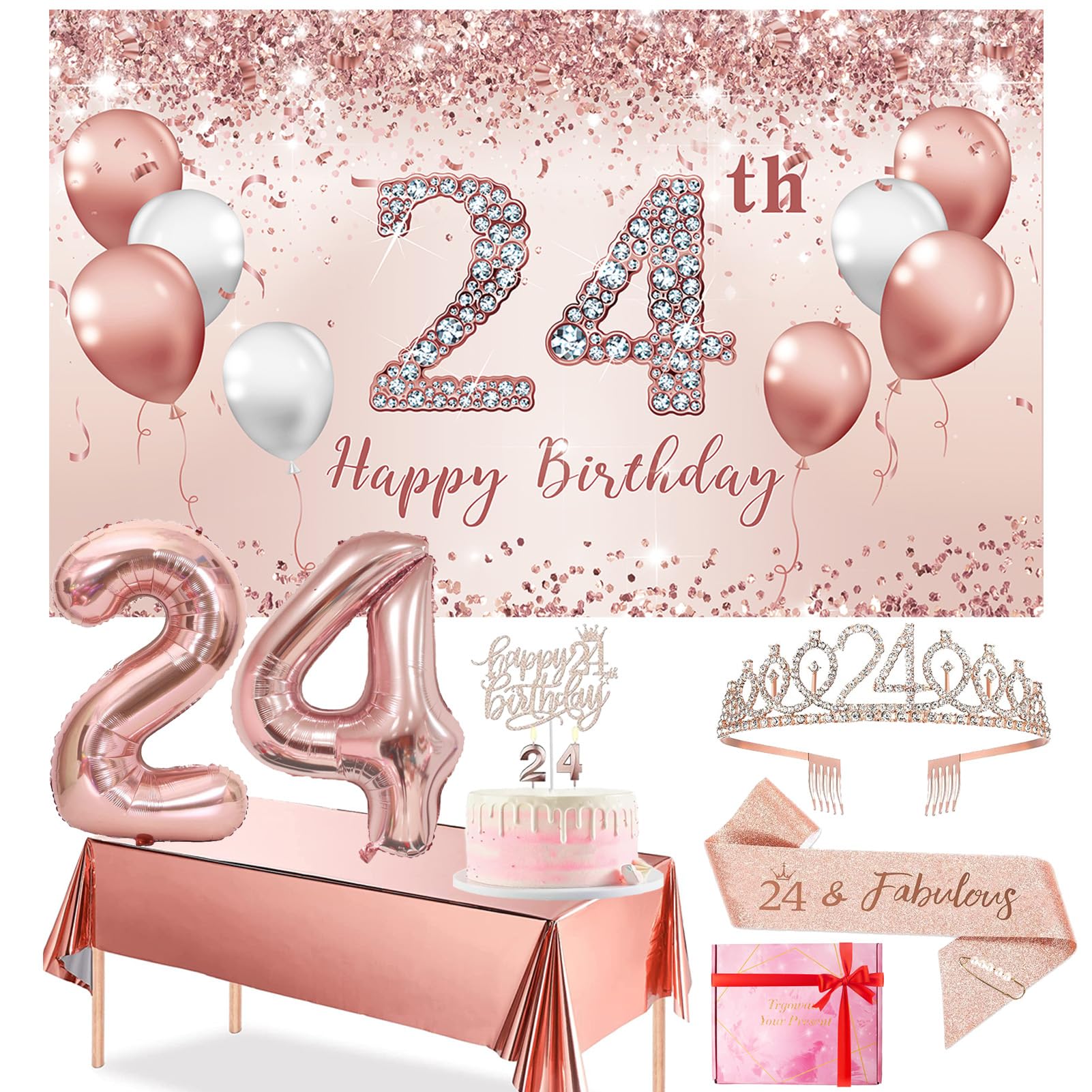 Trgowaul 24th Birthday Decorations Party Set for Women, Rose Gold 24th ...