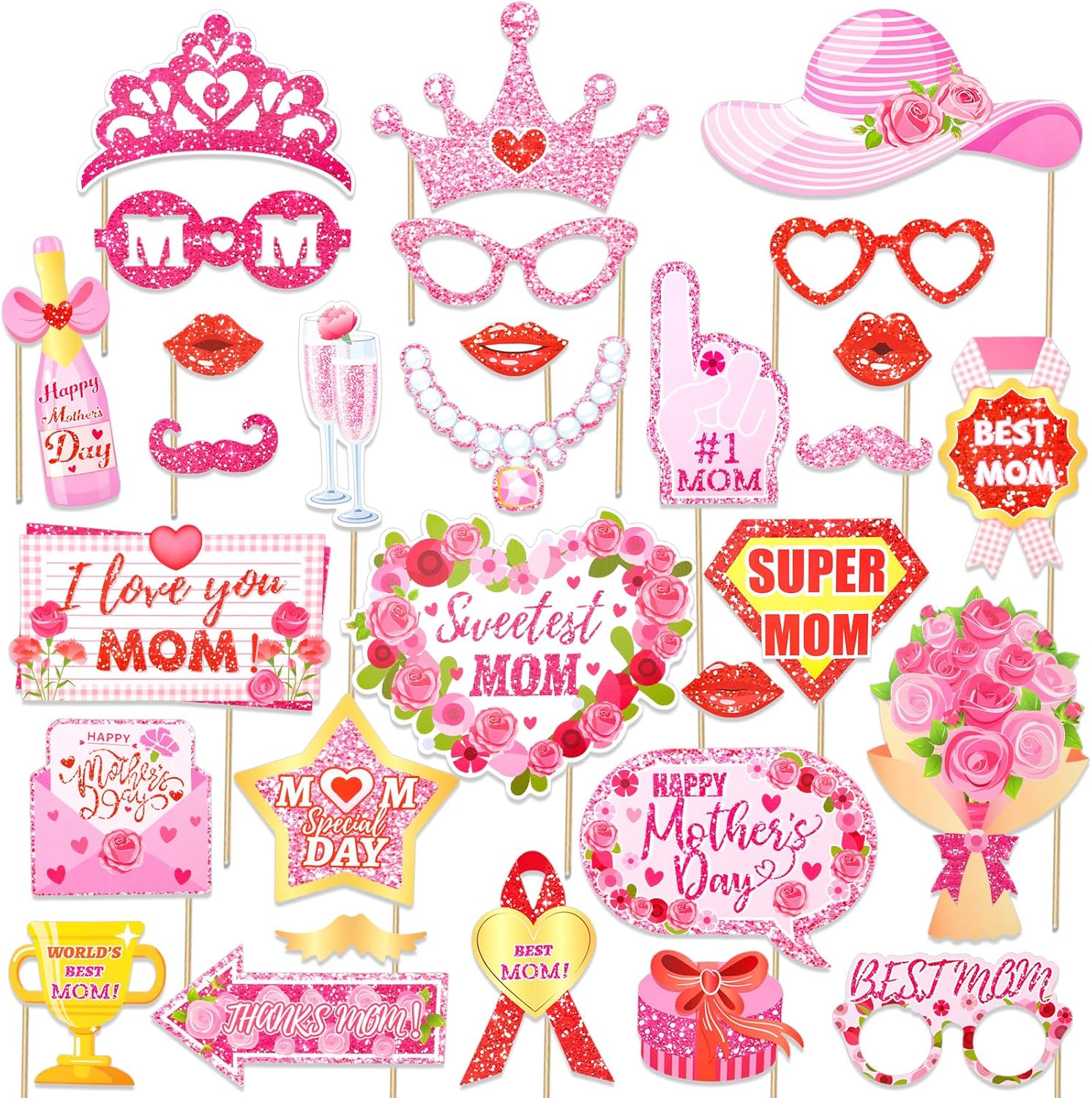 HOWAF Happy Mother's Day Glitter Photo Booth Props, I Love You Mom ...