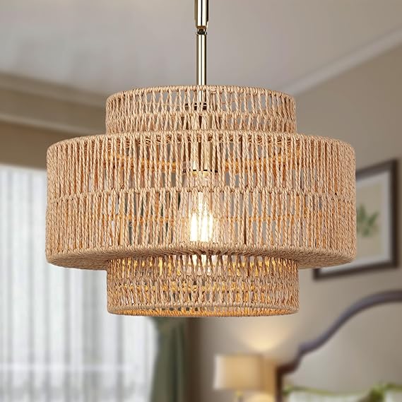 InterMaka 12.4” Boho Rattan Chandelier Light Fixture, 1-Light Hand ...