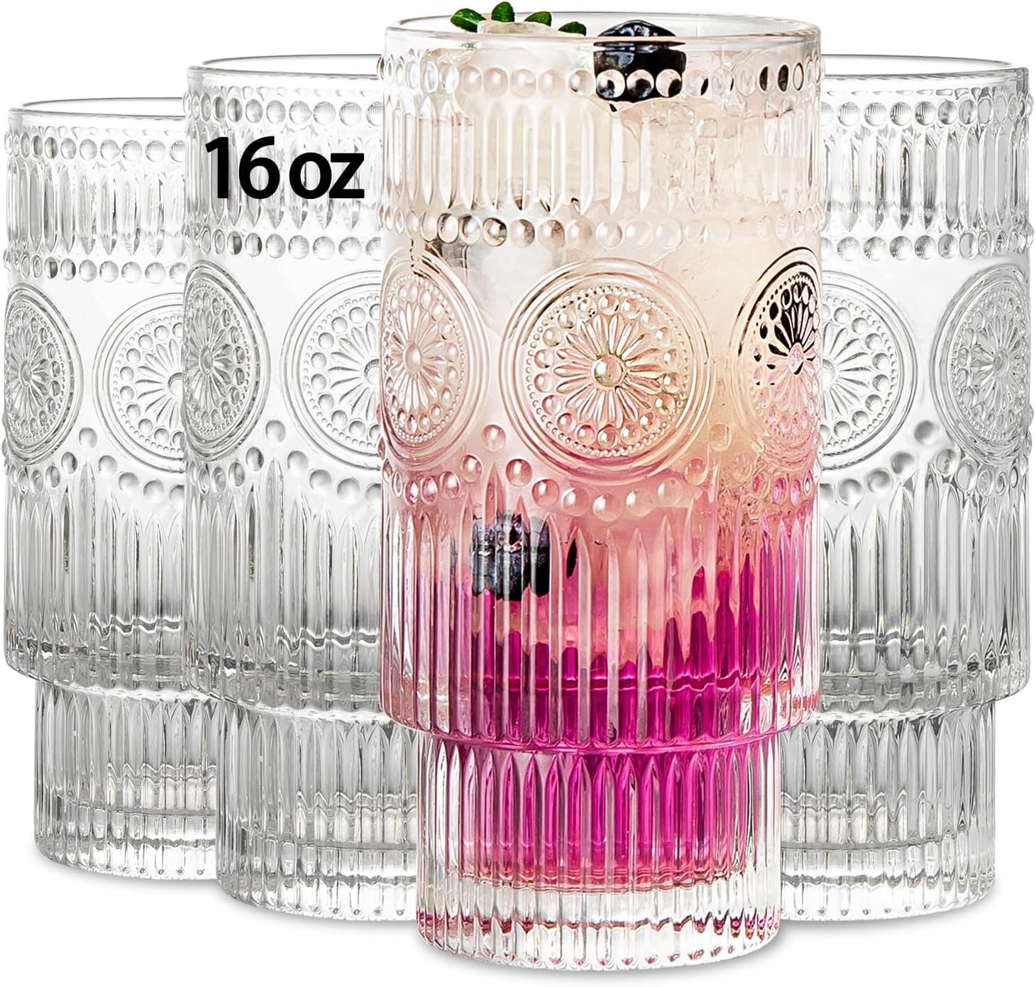 Amazon.com | SoulTimes 4 Pack Large 16oz Ribbed Glassware Set, Flower ...