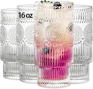 Amazon.com | SoulTimes 4 Pack Large 16oz Ribbed Glassware Set, Flower ...