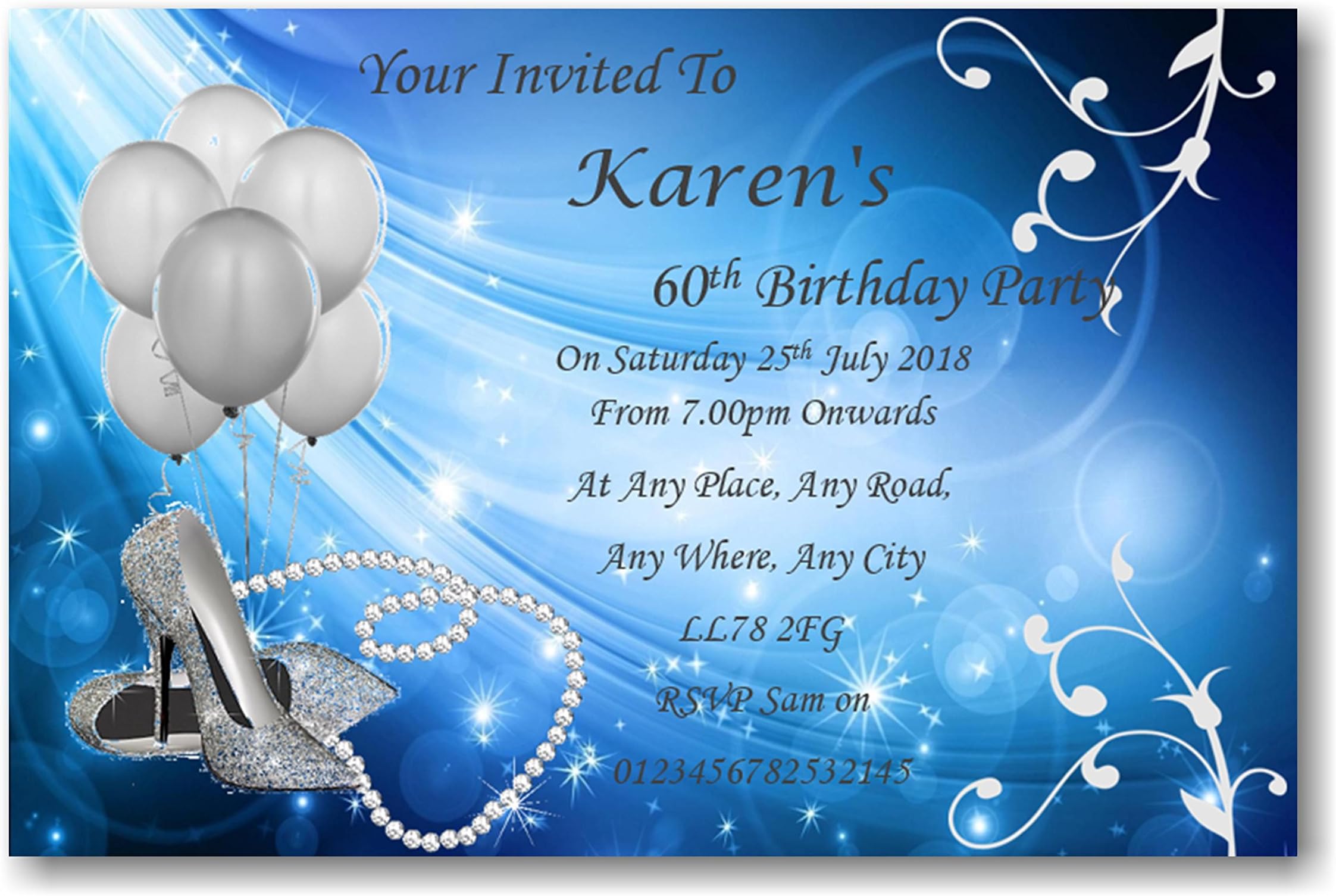 Personalised Birthday Party Blue & Silver Invitations , Invites ...