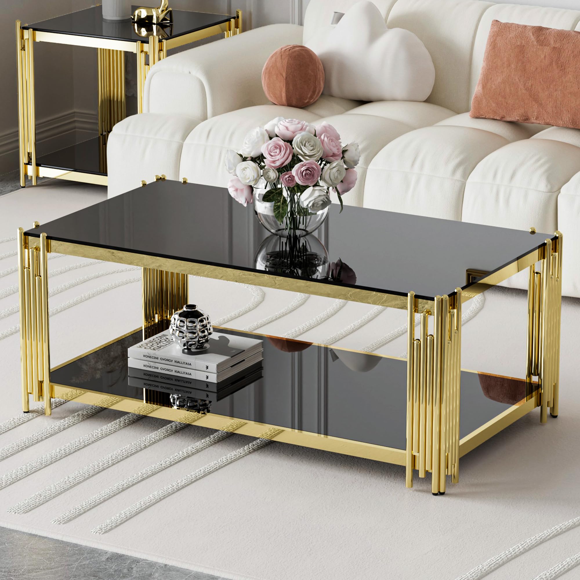 Amazon.com: Black Glass Coffee Table Modern Living Room Table Gold ...