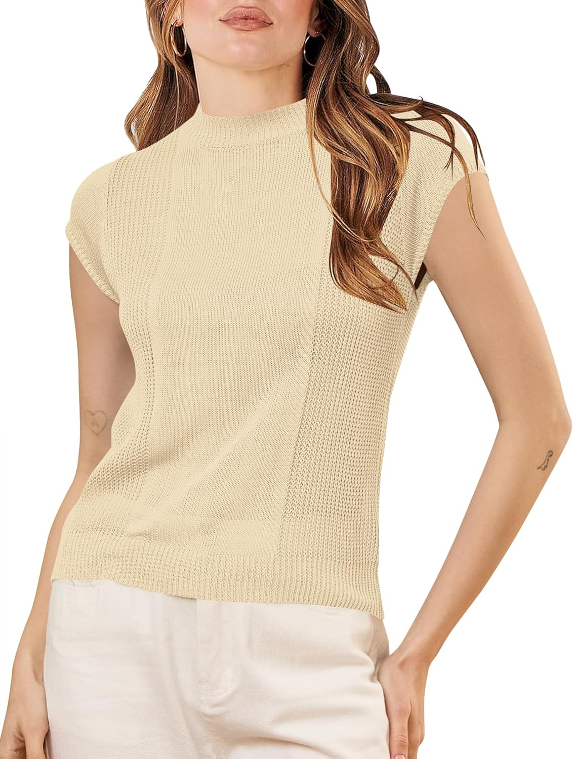 LOMON Women's Summer Cap Sleeve Knit Tops Mock Neck Business Casual ...