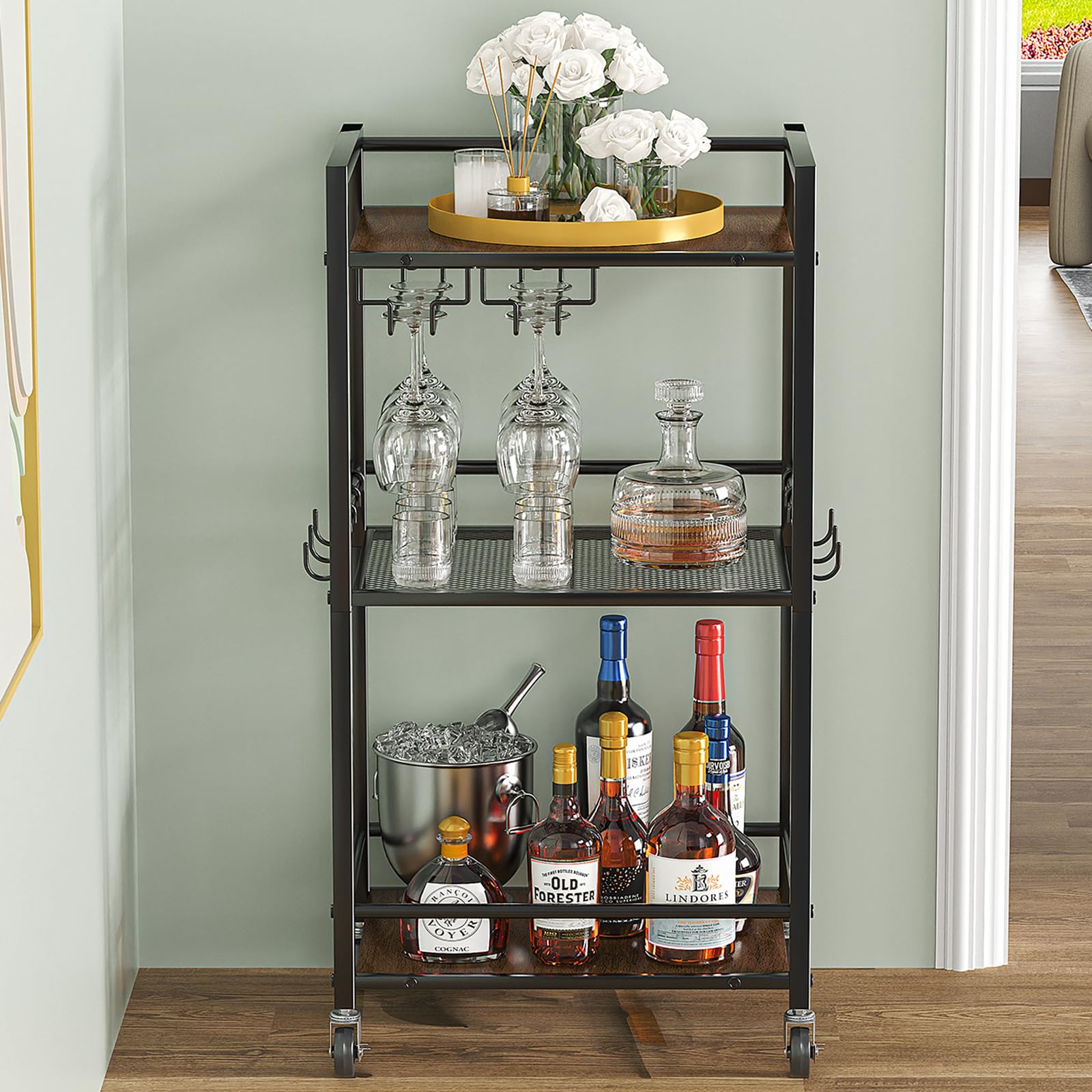 Home Bar Cart With Glass Holder 3-Tier Black Bar Cart With Wine Rack ...