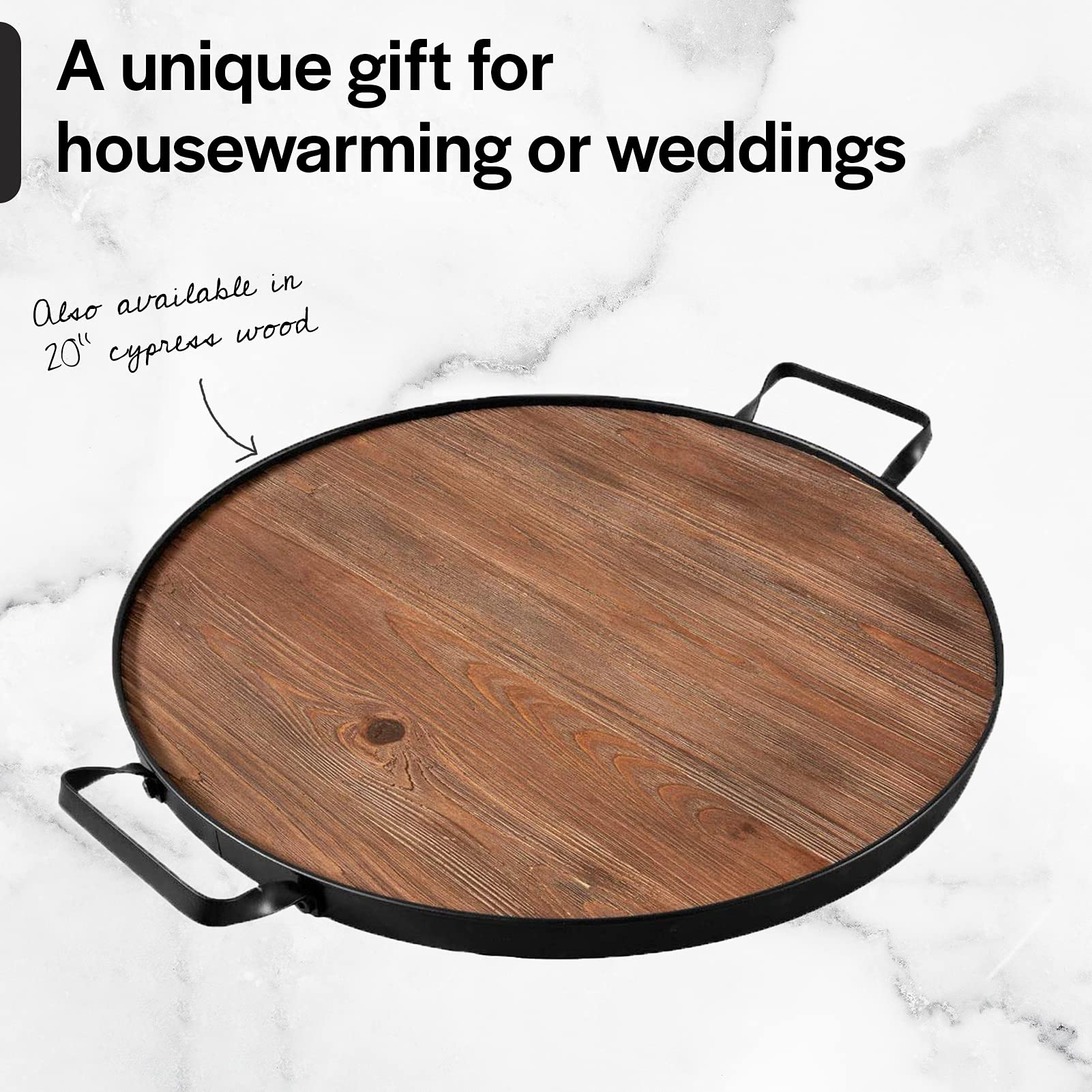 Villa Acacia 18 Inch Round Serving Tray, Solid Wood with Metal Band and ...