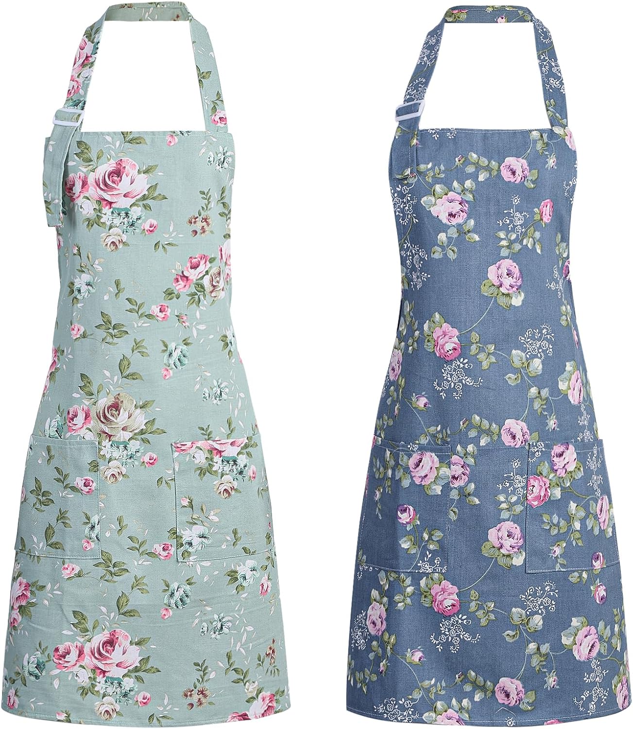 FANTESI 2 Pcs Floral Aprons for Women, Adjustable Canvas Aprons with 2 ...