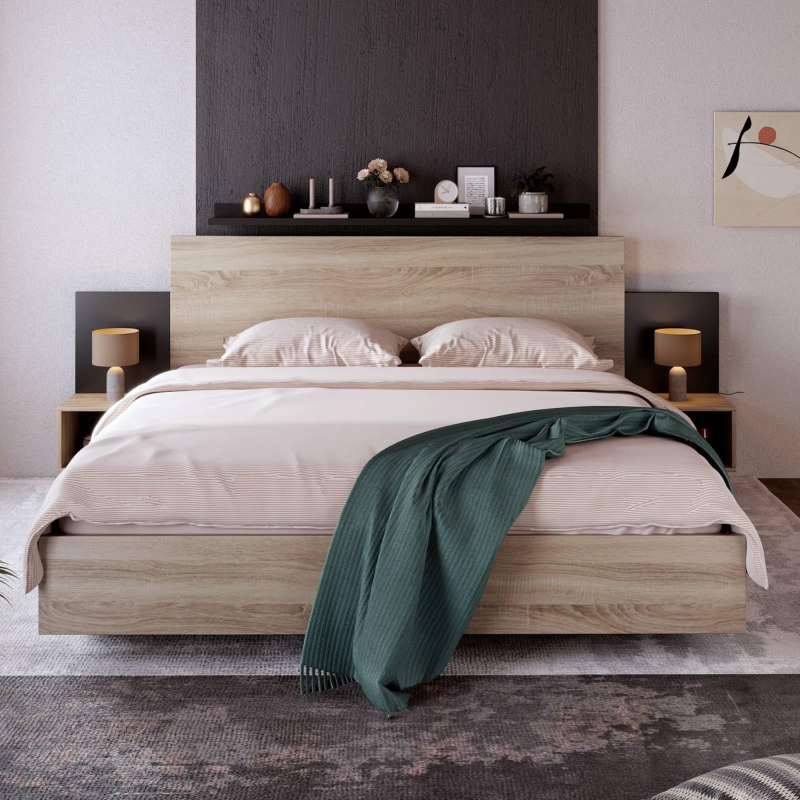 KOMHTOM Lit Double avec Sommier à Lattes, Lit 2 Personnes en Bois avec ...